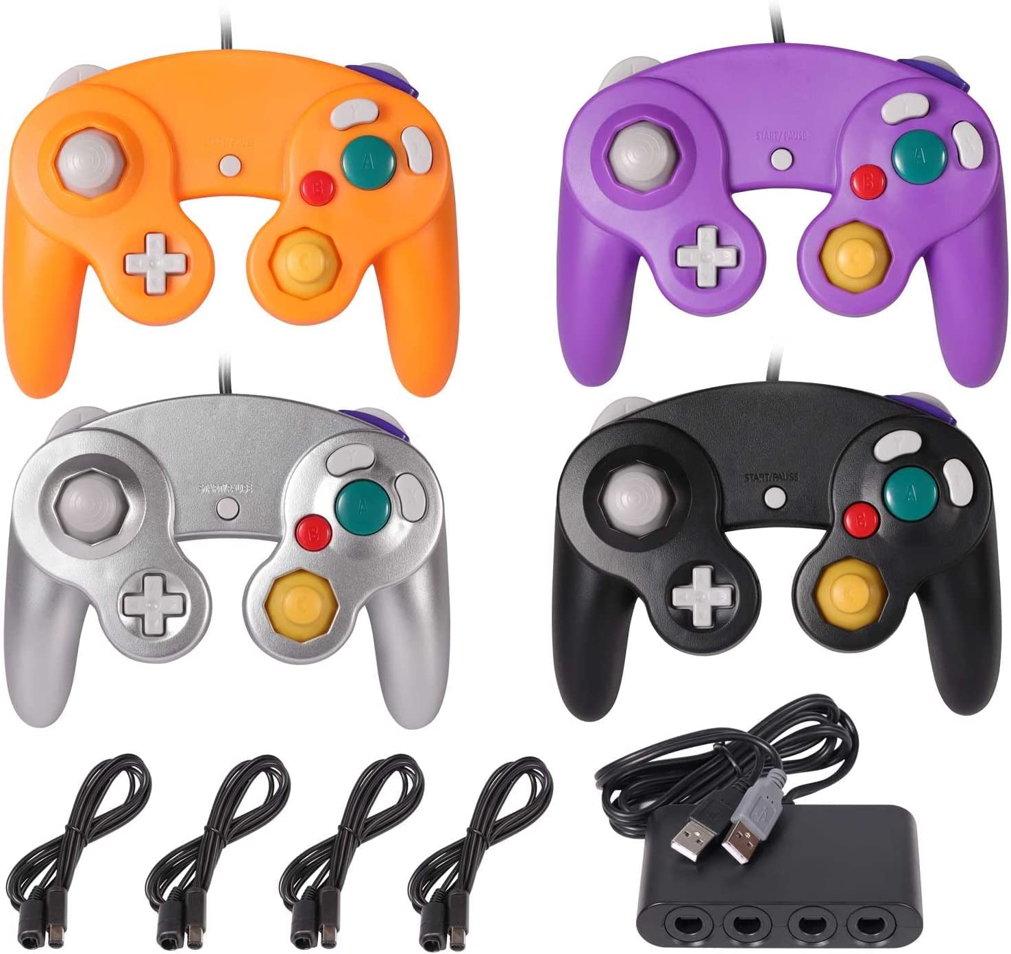 Gamecube Controller 4Pack - 4-Port Adapters and 4 Extension Cords for Switch PC and Wii U Console-Enhanced (OPBS)