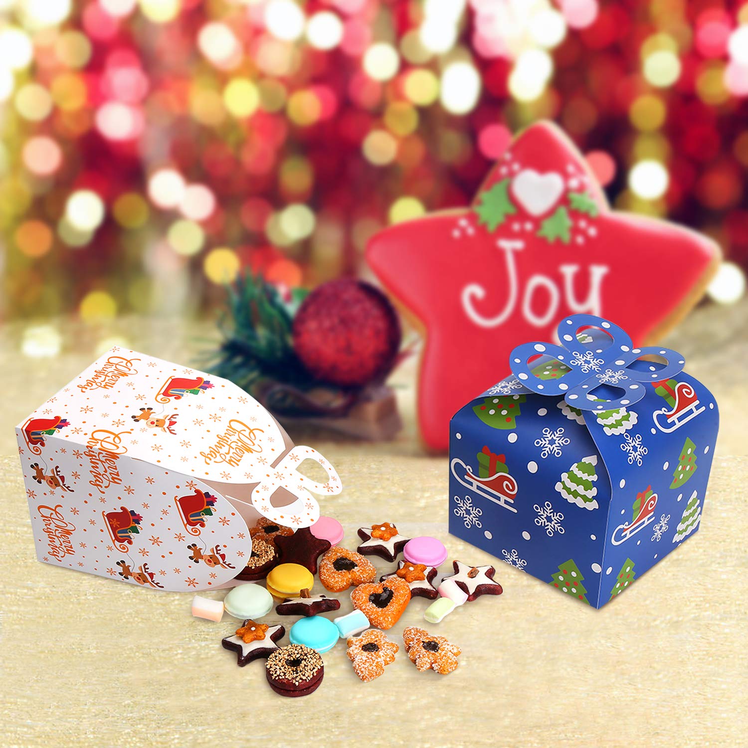 LOKIPA Christmas Kraft Goody Gift Boxes, 24 Xmas Party Paper Treat Candy Boxes With Bow for Christmas Favor