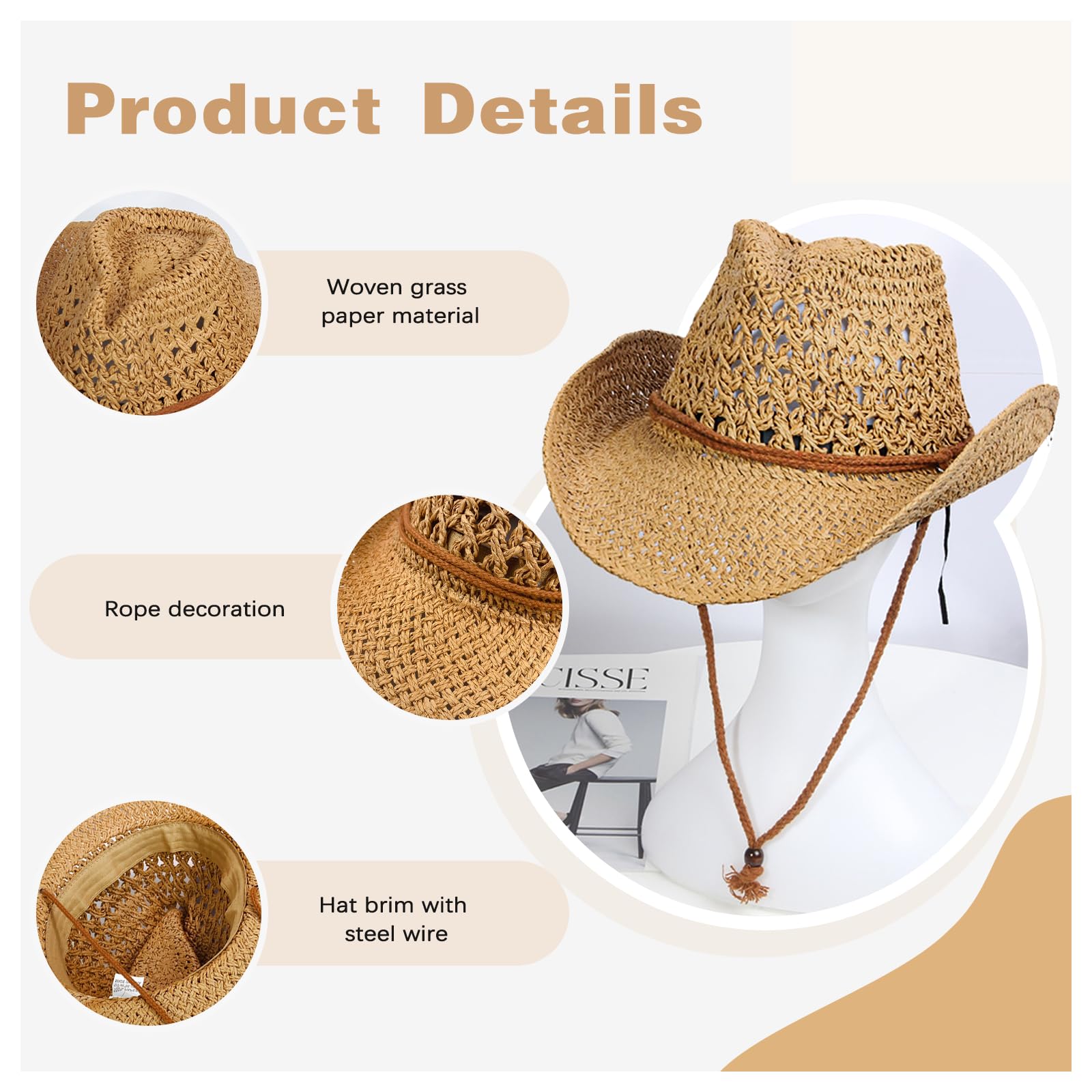 Generic Womens Straw Cowboy Hat Foldable Wide Brim Summer Sun Hats for Men Travel Vacation Lightweight Brown Beach Cowgirl Hat