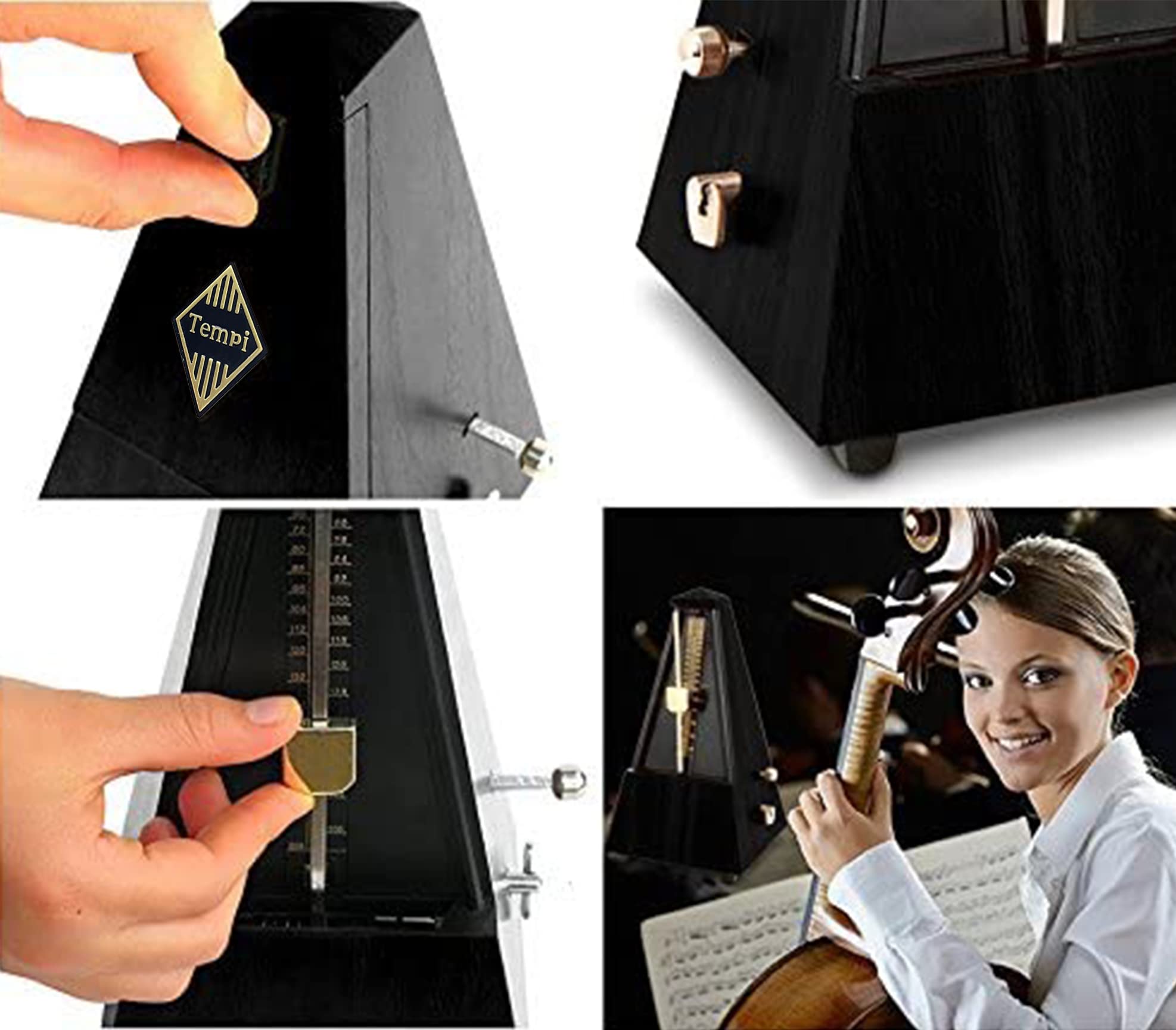 Tempi Mechanical Metronome for Musicians - 2-Year Warranty - Metronome for Piano/Guitar/Violin, Metronome Music for Adults and Kids (Molded Black Grain Veneer)
