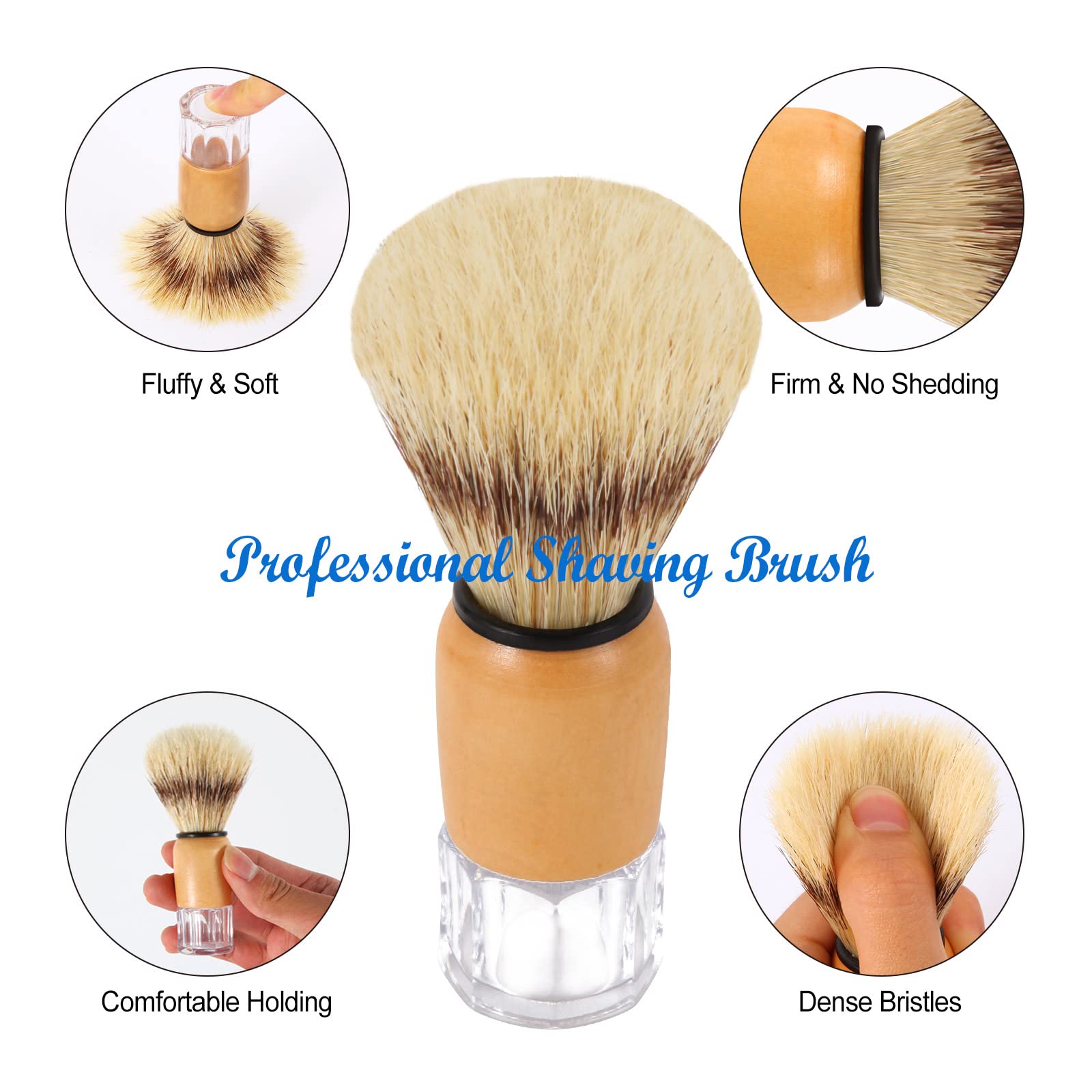 Genixart Nature Bristle Shaving Brush with Varnished Wooden Handle Plus Transparent Base, Perfect for Mens Wet Shave (1pc Gift Pack)