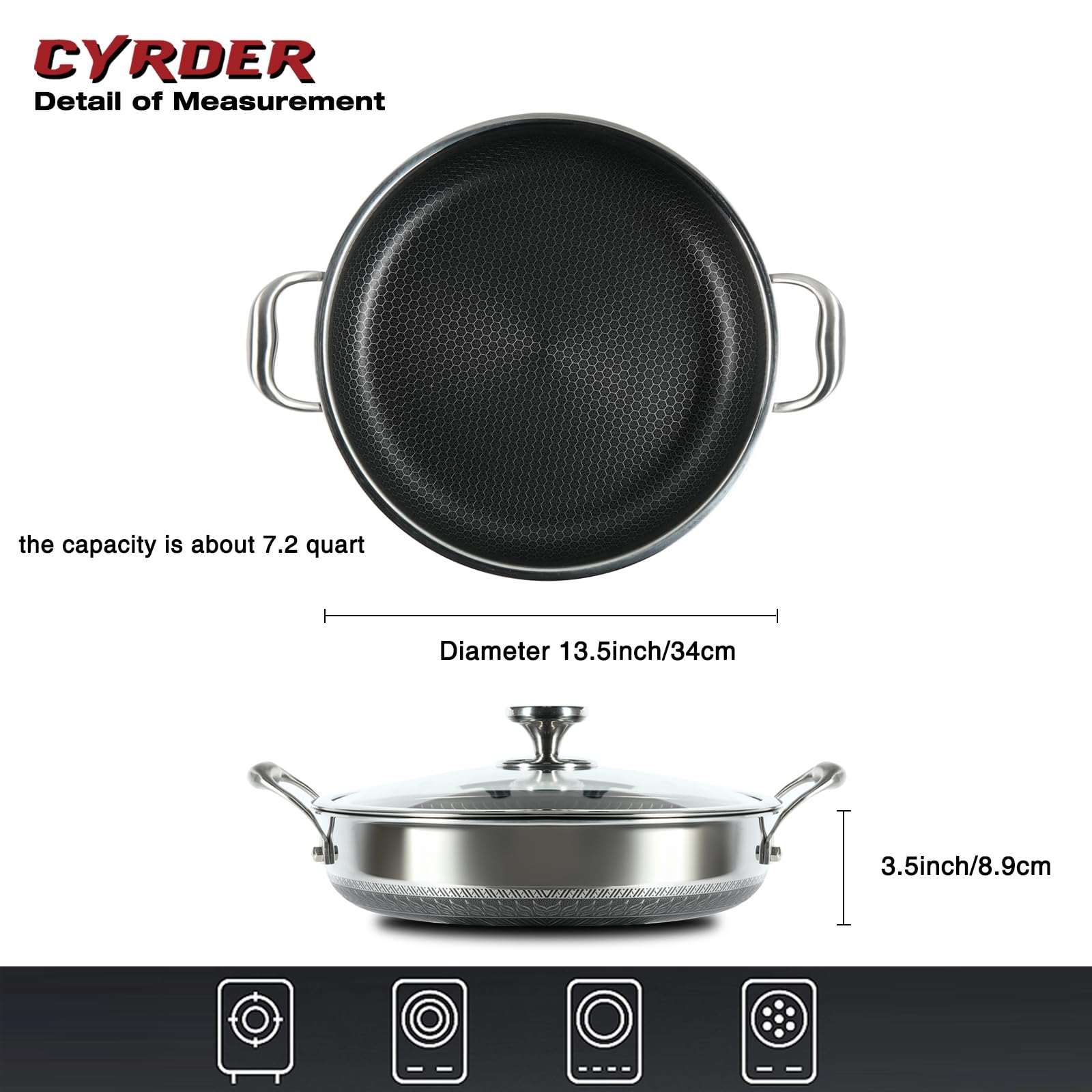 Cyrder Hybird Nonstick Deep Frying Pan-13.5inch 316L Stainless Steel Sauté Pan and Lid
