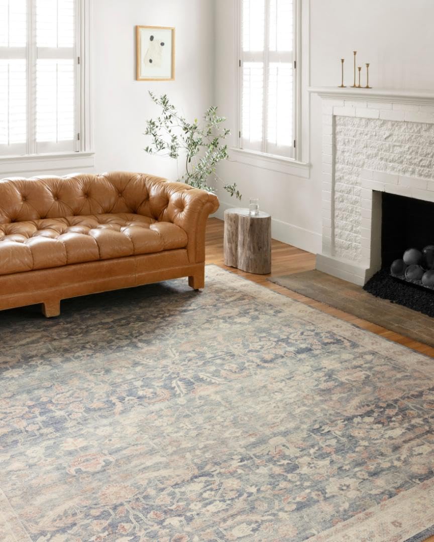 Loloi II Hathaway Collection HTH-02 Denim/Multi 2'-0" x 5'-0", .25" Thick, Accent Rug, Soft, Durable, Printed, Modern, Low Pile, Non-Shedding, Easy Clean, Living Room Rug