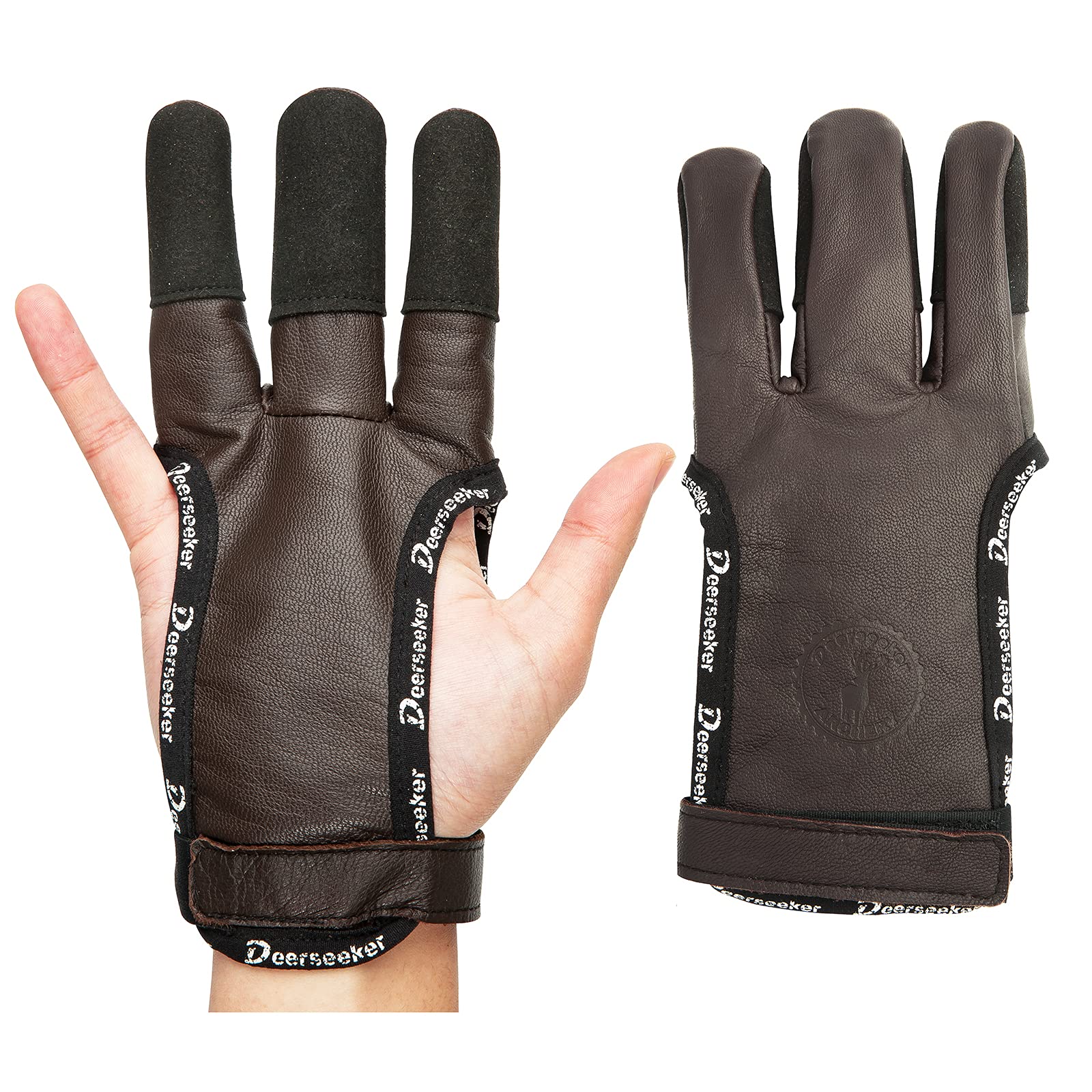 Deerseeker Archery Glove Handmade Leather Three Fingers Protective Archery Accessories Finger Tab for Takedown Recurve Bow Traditional Bows with LH/RH for Youth & Adult Beginners (Medium)