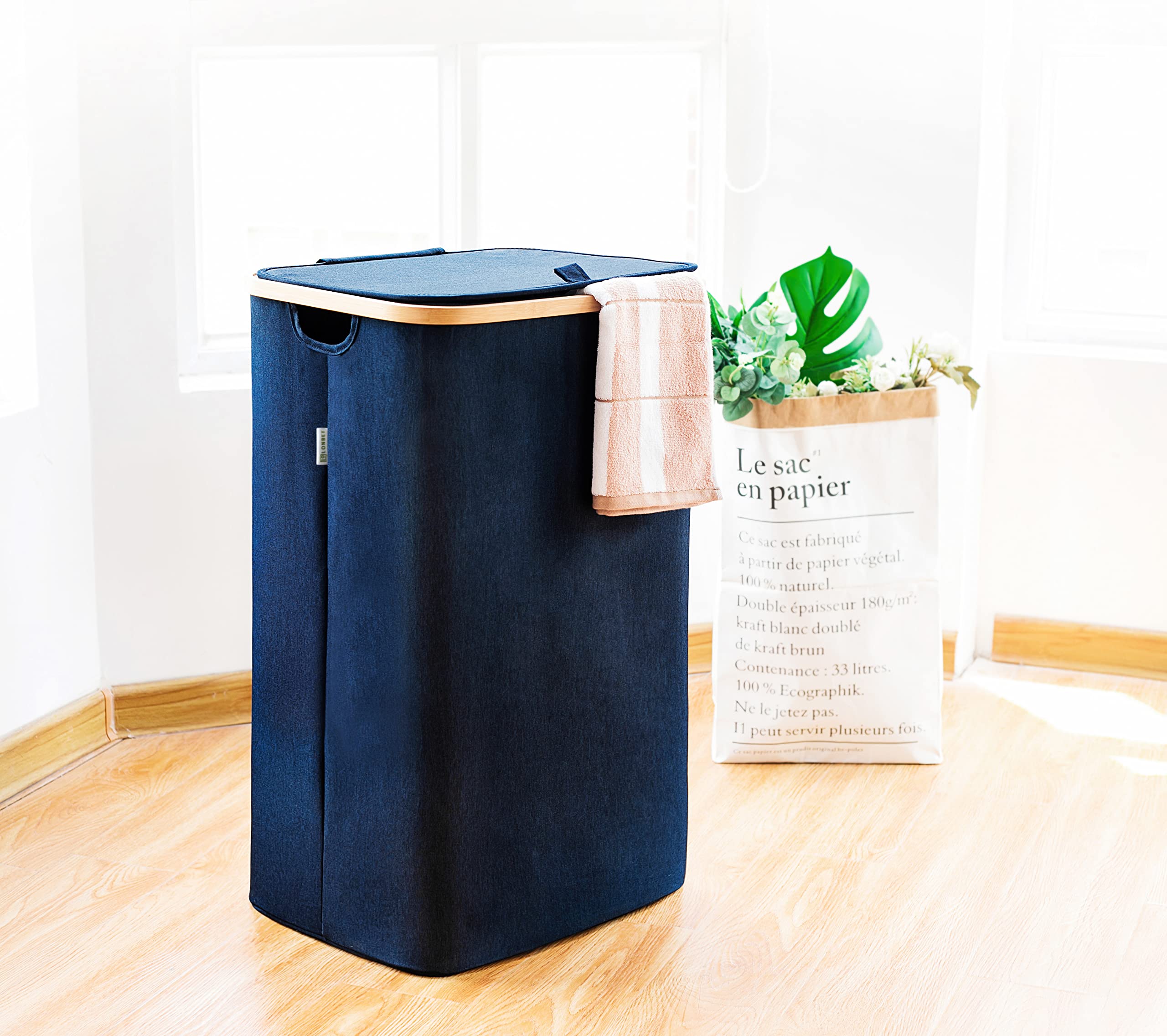 Lonbet - Laundry Hamper with Lid Cover - Sturdy Tall Bamboo Laundry Basket Clothes Organizer - Aesthetic Bedroom Fabric Bin - Big Bathroom Dirty Clothes Hamper - Removable Bag - XL 100 Liters - Blue