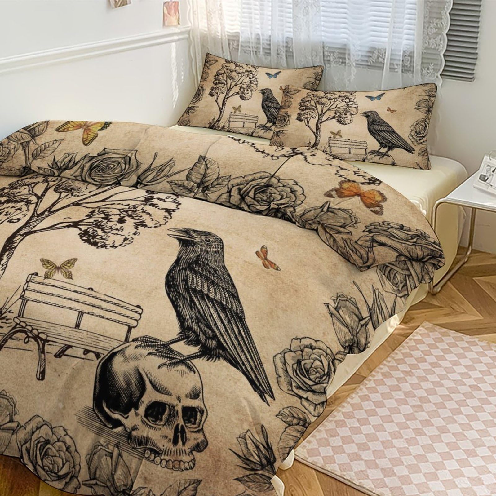 GDSCCLGX Vintage Gothic Floral Raven Comforter Cover Sets 3 Piece Twin Size,Rustic Spring Rose Colorful Butterfly Skull Raven Print Duvet Cover Set 2 Pillowcases(No Insert)