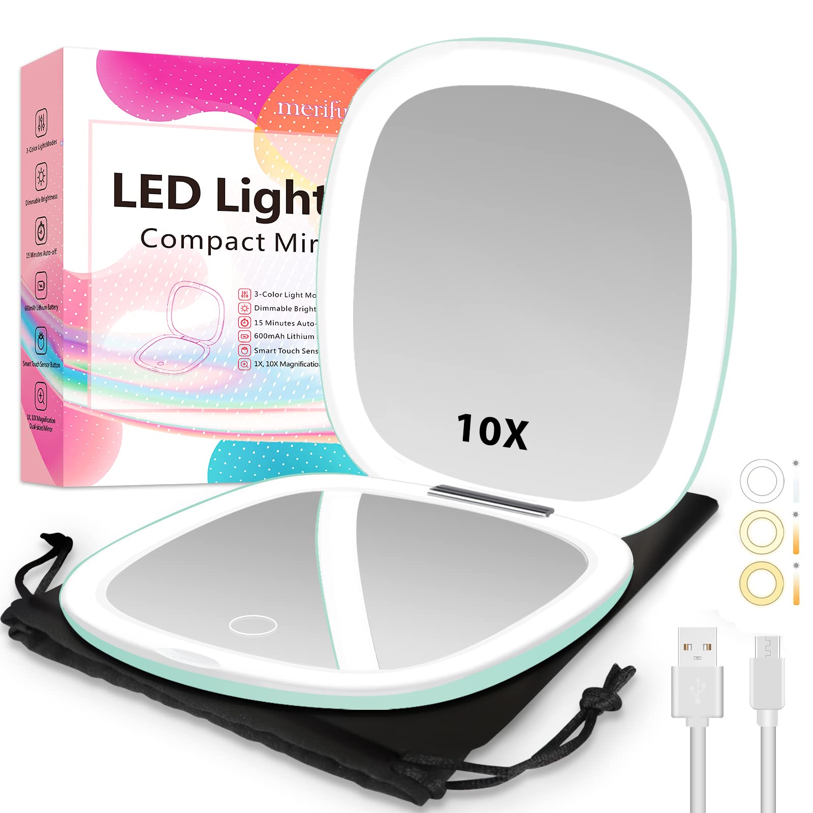 merifun LED Lighted Compact Makeup Mirror, Travel Magnifying Mirror 1x/10x - 56 LED Lights, Touch Sensor, 3 Colors Lights & Brightness Dimmable- Magnetic Closure, Rechargeable (Aqua)