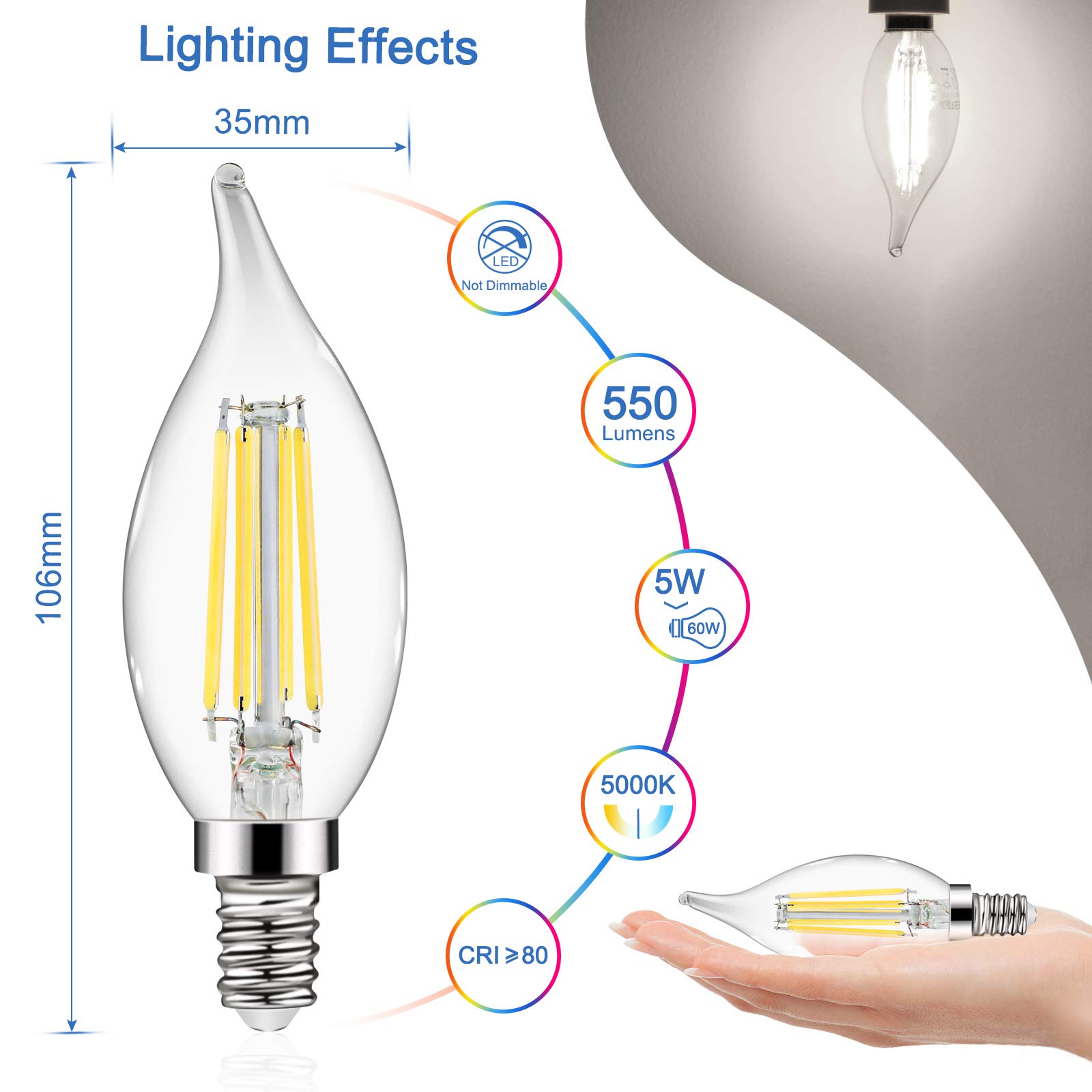 Defurhome E12 Candelabra Bulbs, 5W, Equivalent 60W, 550LM, Flame Tip, Daylight White 5000K, Non-Dimmable, Chandelier Candle Base, Decoration Clear Glass Light Bulbs, Pack of 6