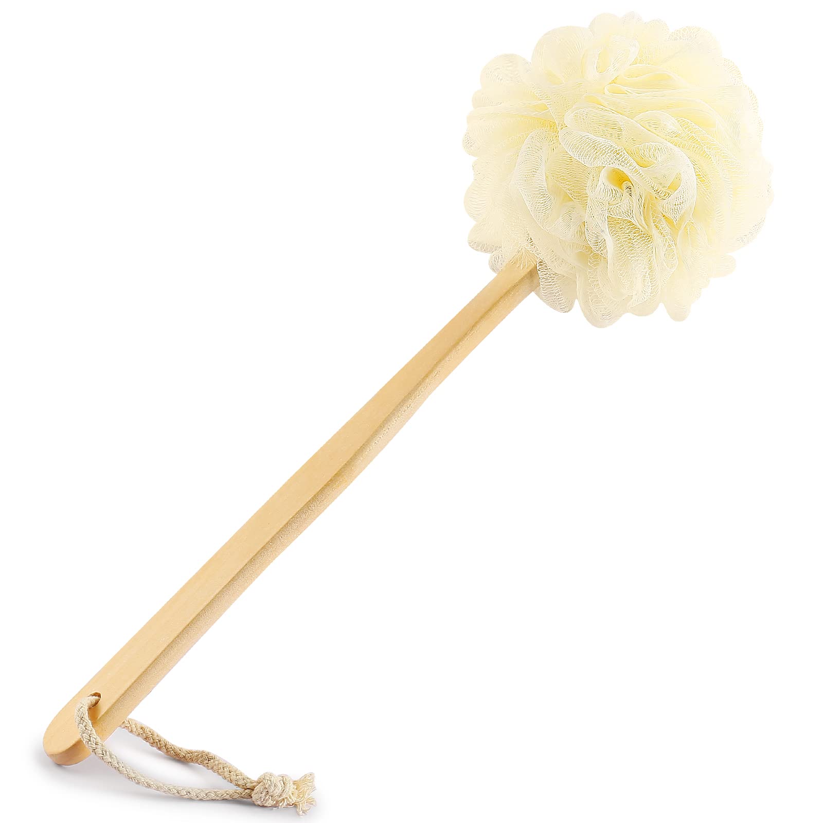 D Loofah on a Stick, Exfoliating Lufa Back Scrubber for Shower, Shower Sponge with Long Handle, Handheld Bath Body Brush for Men and Women, Beige