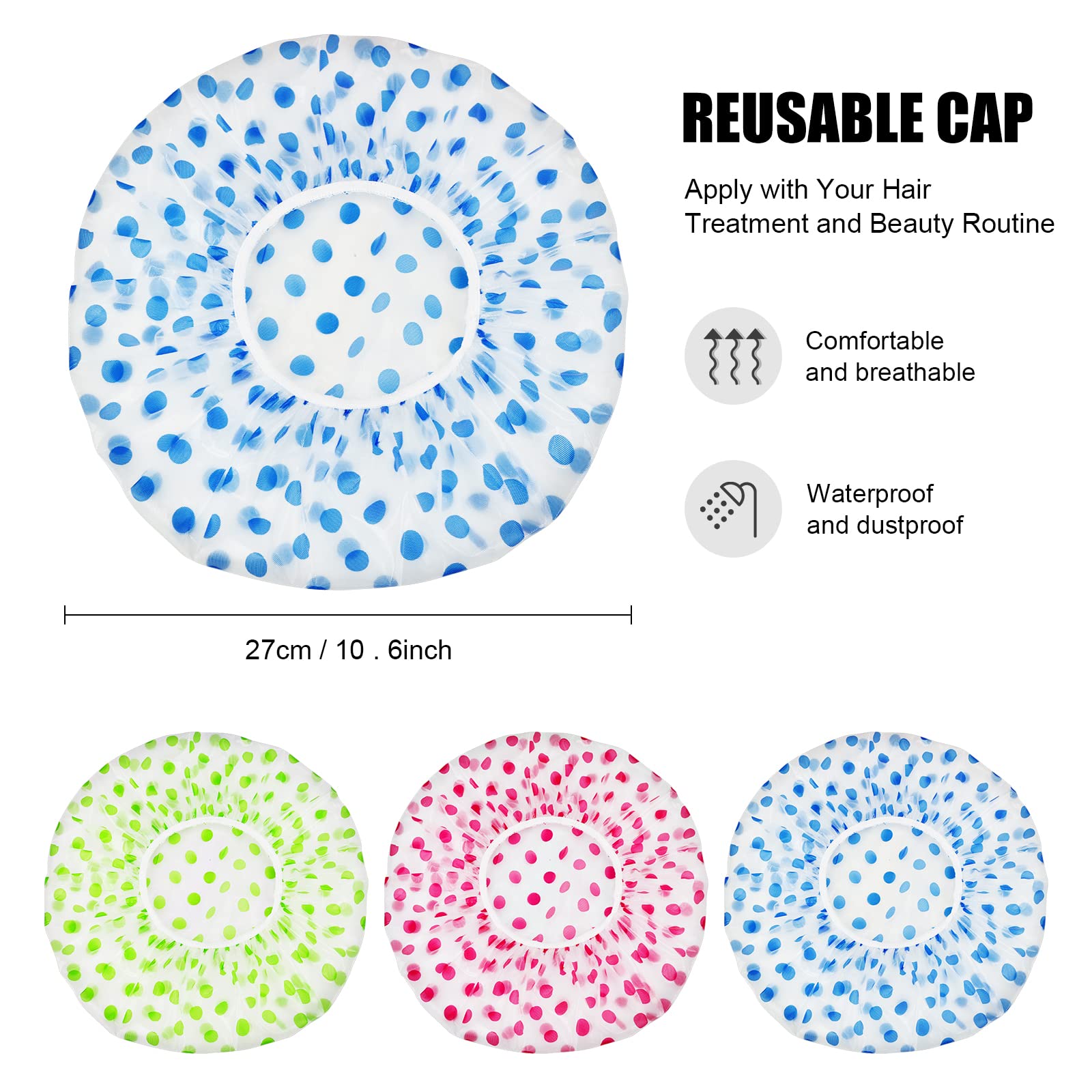 D Shower Caps for Women Reusable Waterproof, Plastic Bath Hair Cap, Elastic Band Shower Hat for Ladies Kids Spa Salon, 6 PC