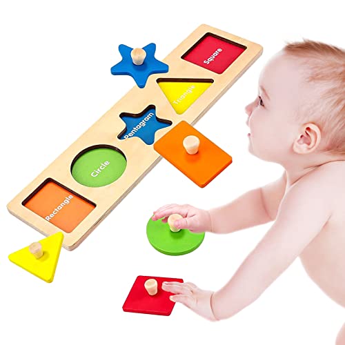Geometric Shape Pegged Puzzle Learning Montessori Educational Preschool Toys Wooden Shape Peg Puzzles with Knobs for Toddlers and Preschoolers Ages 12 Months Up