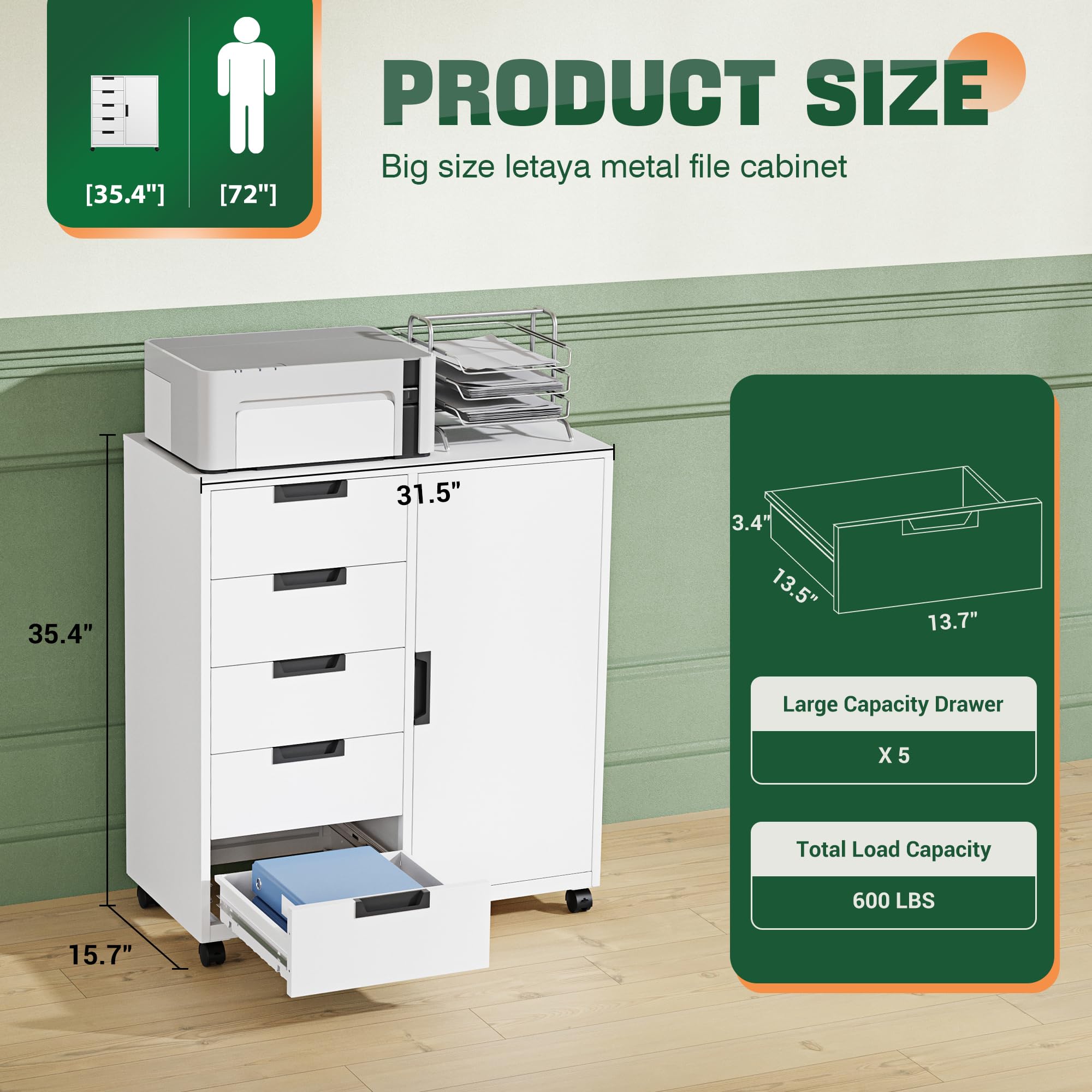 Letaya 5 Drawer Storage Cabinet, Mobile Printer Stand for Home Office,Dresser Chest with Shelves and Door(Black)