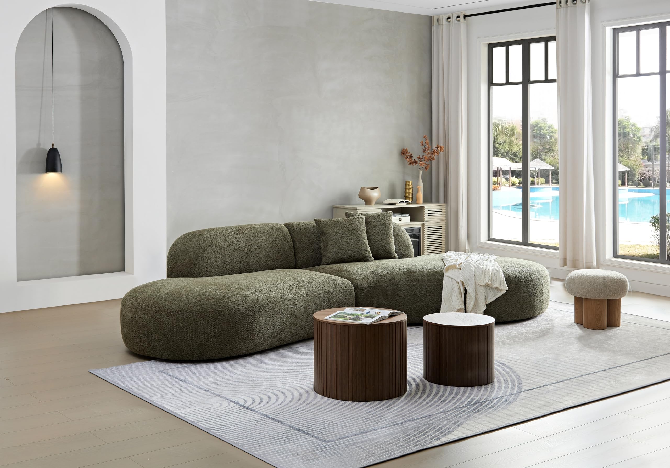 LETBASK 135.4" Curved Sectional Sofa,Oversized Modular Chaise Longue,6-Seat Boucle Fabric Couch with Pillows for Living Room,Apartment,Office (Green+Right-Facing)