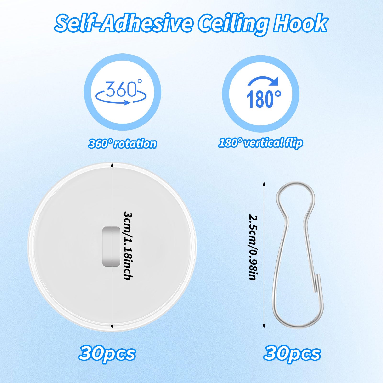 GEEHUA Self Adhesive Ceiling Hook, 30 PCS No Hole Sticky Eye Hooks Wall Small Disc Hook for Hanging Light Plants, Christmas Festival Wedding Decorations Baloon Storage Display(3cm/1.18in)