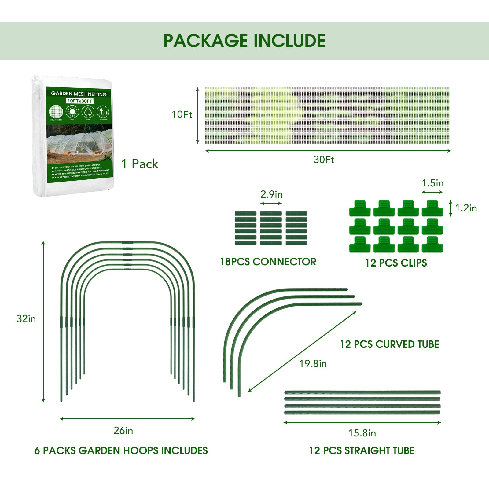 Garden Mesh Netting Kit, Plant Covers 10x30ft Ultra Fine Mesh Netting with 6 Sets Garden Hoops &12 Clips, Bird Netting Protection for Fruit Vegetable Flowers Animals Greenhouse Cover