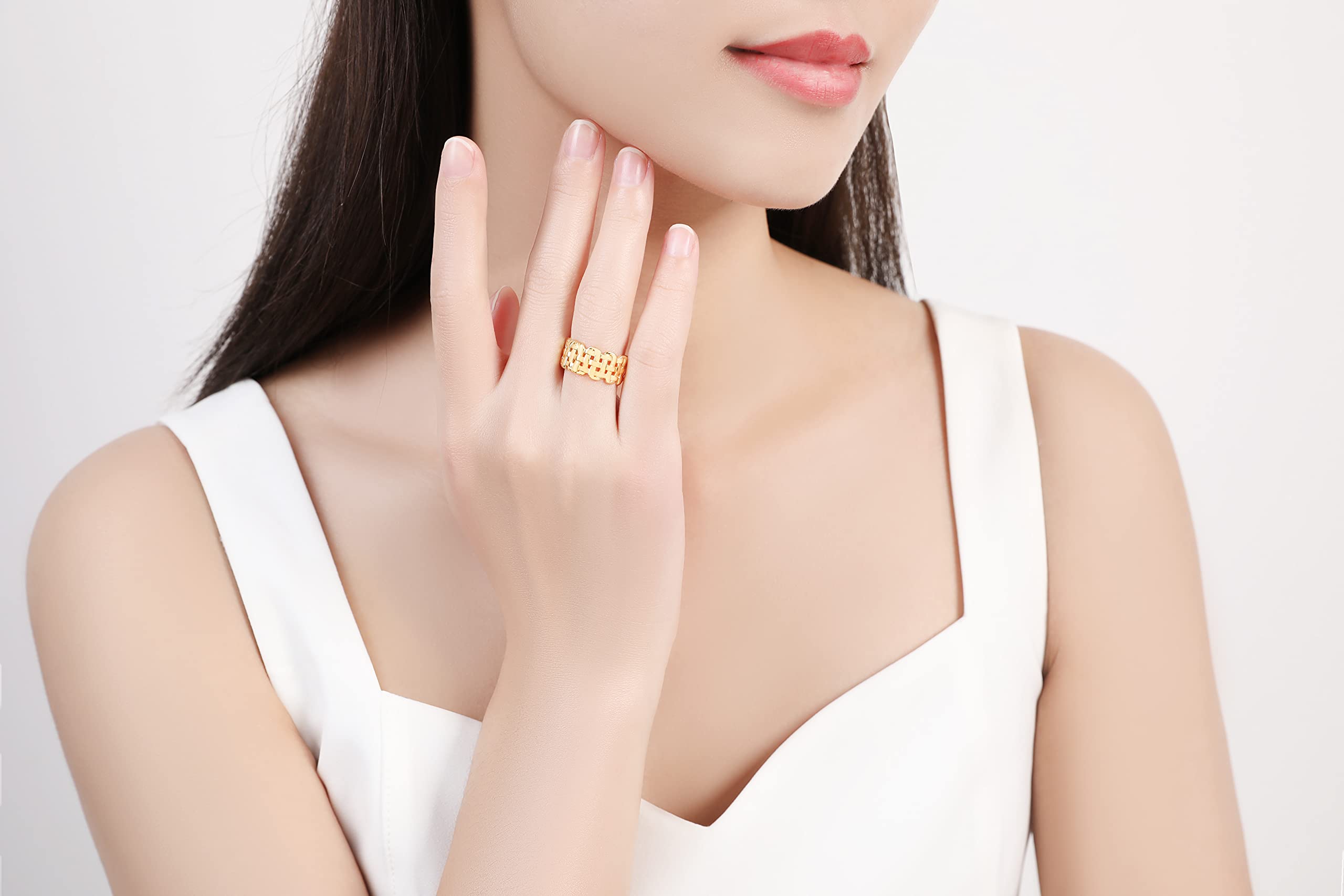 Dapai Show Sterling Silver Gold Bold Ring Adjustable Women's Declaration Ring 18K Gold Plated Signet Ring