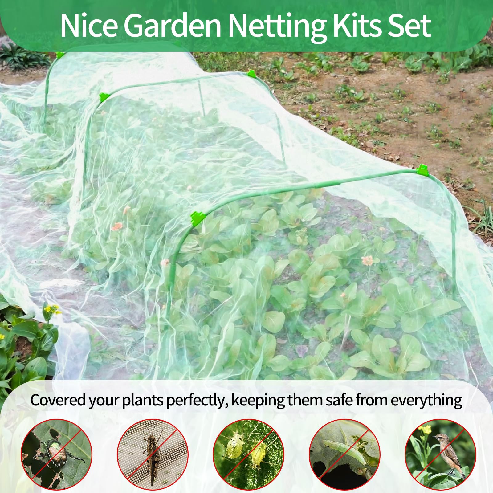 Garden Netting Kit for Raised Beds, 8x20ft Garden Netting Mesh with 6 Sets Garden Hoops (2FT Wide) & 24 Clips, Garden Mesh Netting Kit Row Cover for Plant, Garden Protection, Birds Animals Barrier