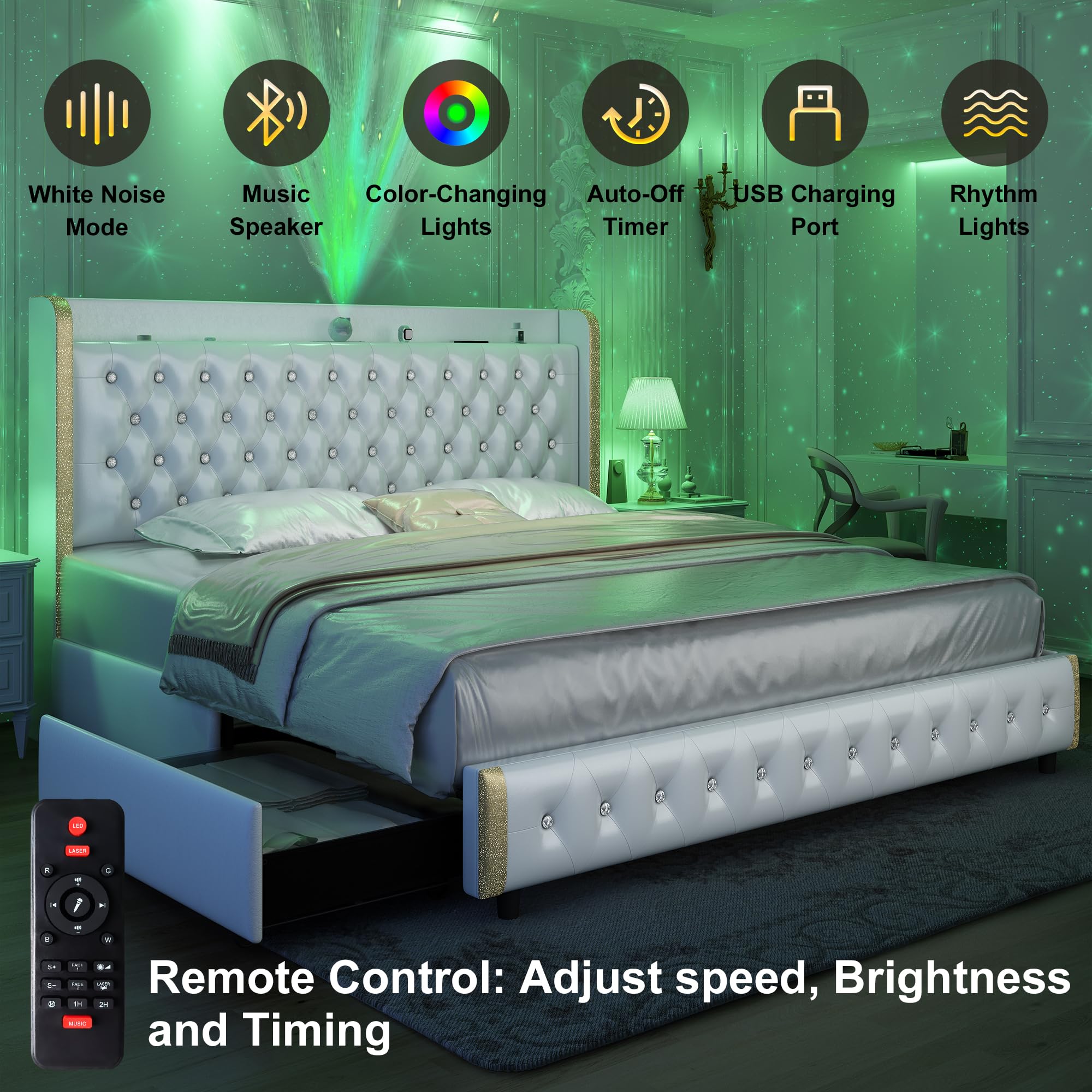GEGOFORU Queen Wingback Modern Platform Bed with Galaxy Projector, 4 Dust-Proof Storage Drawers, LED Bed Frame, USB Ports, No Box Spring Needed & Noise-Free Sturdy Wood Slats, PU Black