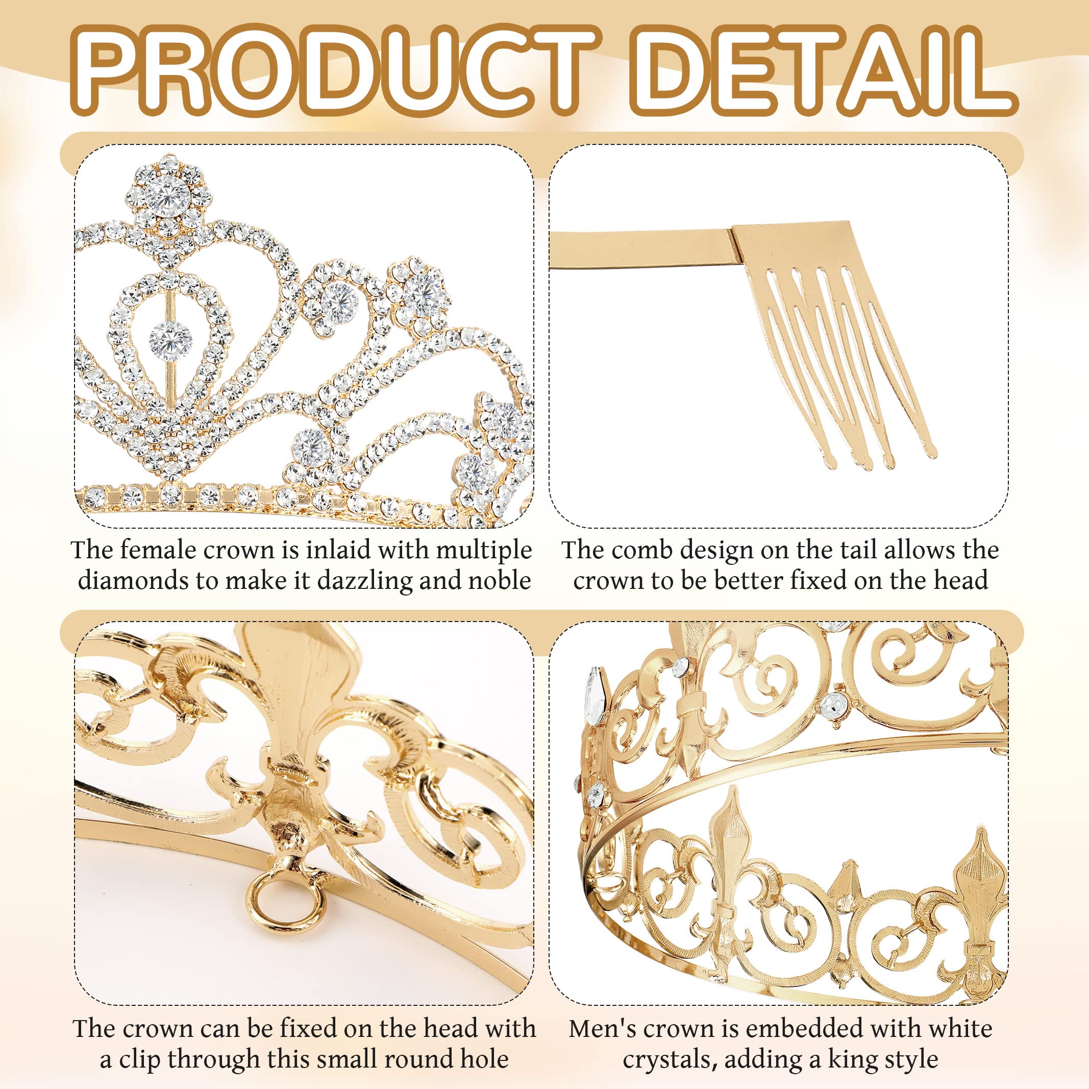 Lyrow 4 Pcs Prom Crowns and Sashes Set Halloween Prom King and Queen Tiara with Sash Birthday Party Graduation Accessories(Gold, Black)