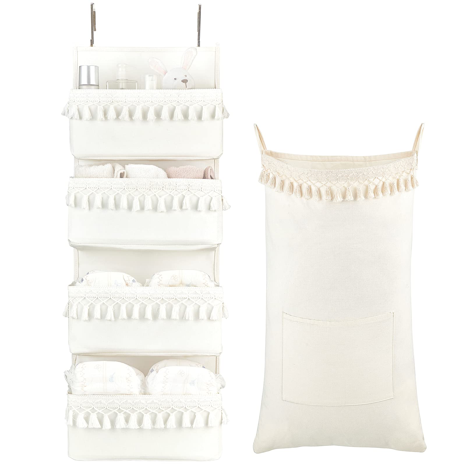 Dahey Over The Door Organizer with 4 Pockets and Macrame Hanging Laundry Hamper Bag Boho Door Storage for Pantry, Closet, Nursery, Bathroom, Bedroom, Dorm, White