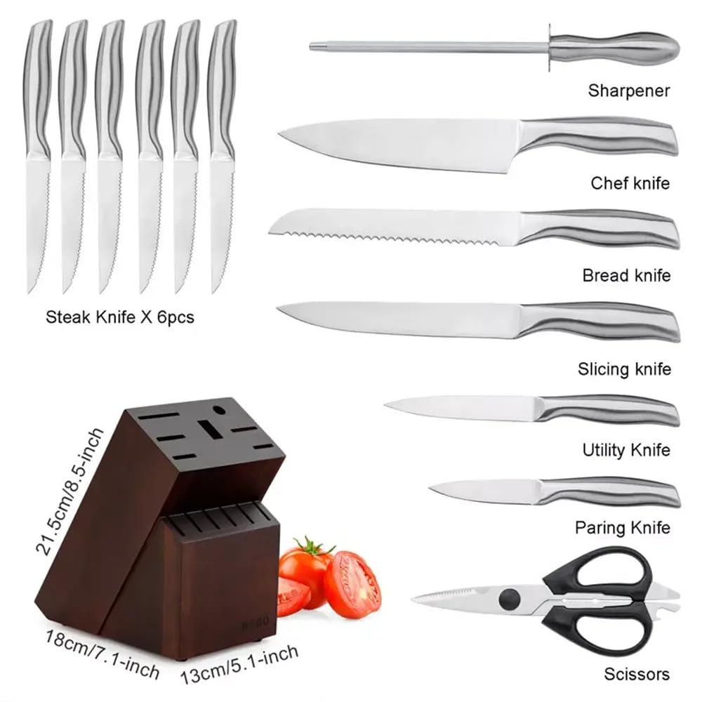 Generic 13Pc Kitchen Knife Set With Wooden Block Razor-sarp Stainless Steel Professional Chef Knife Set with Scissors & Knife Sharpener, Large, Oxford Brown