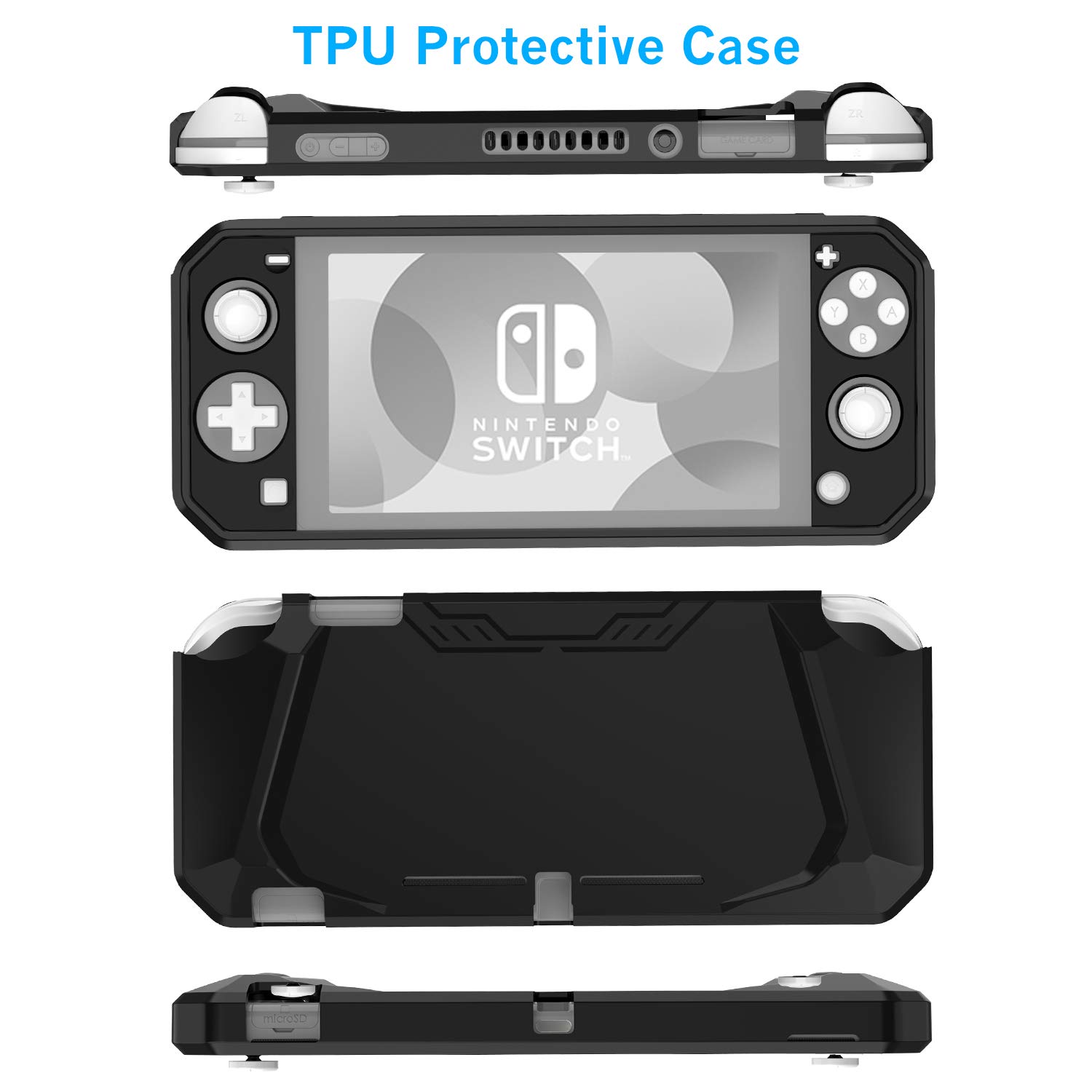 Case for Nintendo Switch Lite, HEYSTOP Soft TPU Protective Case Cover for Nintendo Switch Lite with Switch Lite Tempered Glass Screen Protector and Thumb Stick Caps (Black)