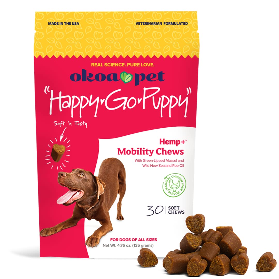 Okoa Pet "Happy-Go-Puppy Mobility Chews - Hemp Dog Treats for Hip & Joint Pain Relief - Vet Formulated, Natural Supplement with Green Lipped Mussel & Roe Oil, Reduces Inflammation - Made in The USA