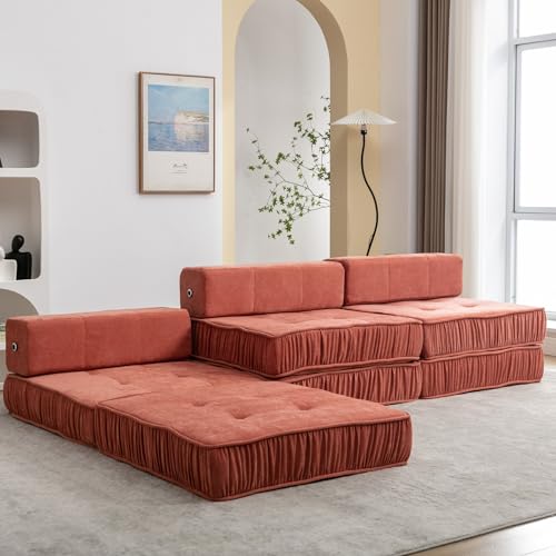 Lighluxstly Convertible Folding Sofa Bed-Sleeper Chair Futon with Pillow Memory Foam Foldable Mattress Twin Size Couch for Living Room Office Apartment,Orange
