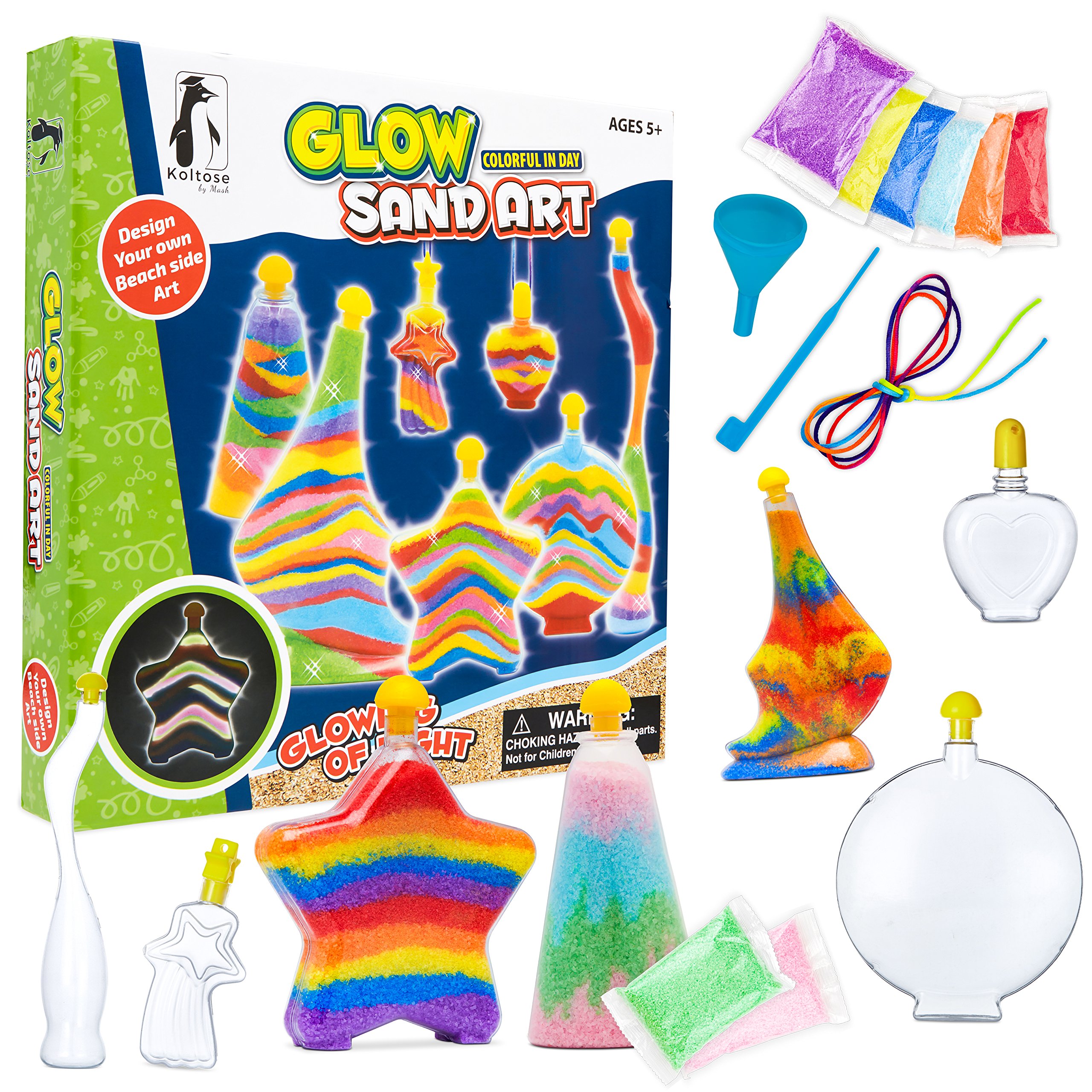 Sand Art Kit for Kids, Glow in the Dark Sand Art Bottles and Necklaces, Arts and Crafts STEM Toys for Boys and Girls, 8 Art Sand Colors Including 2 Glow in the Dark, Craft Gift for Boys and Girls 3+