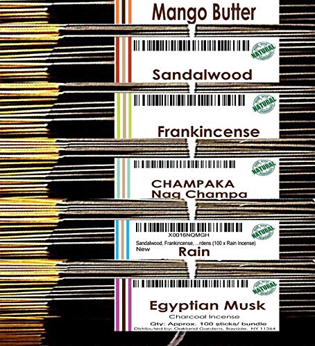 Sandalwood, Frankincense, Egyptian Musk, Mango Butter, Nag Champa, Rain - Premium Choice Natural Incense by Oakland Gardens (All 6 Incense Types + Wooden Boat)