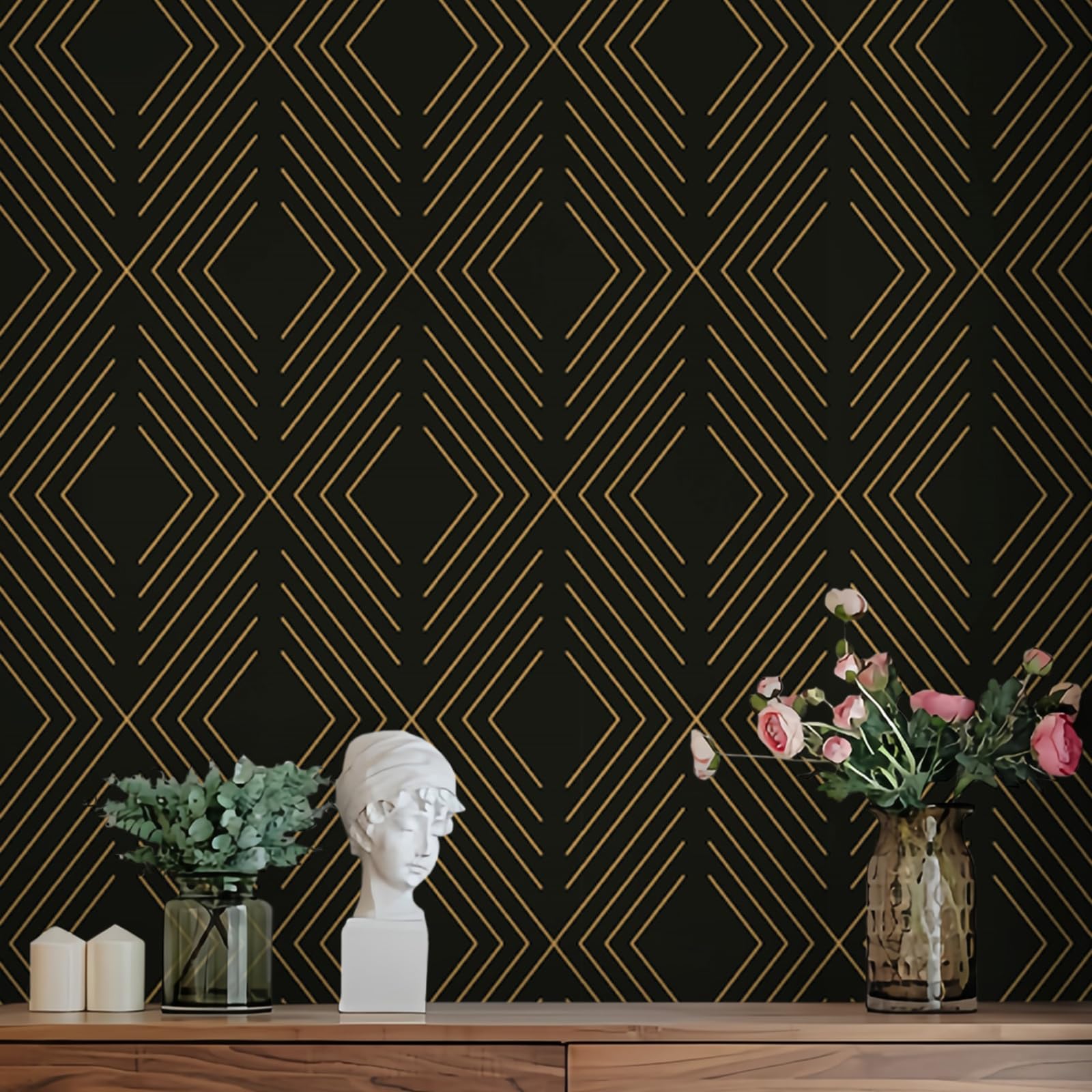 LiKiLiKi Geometric Peel and Stick Wallpaper Black and Gold Wallpaper Modern Contact Paper Boho Removable Self-Adhesive Decorative Wallpaper for Cabinets Bathroom Bedroom Kitchen Vinyl Roll 17.3”x118”