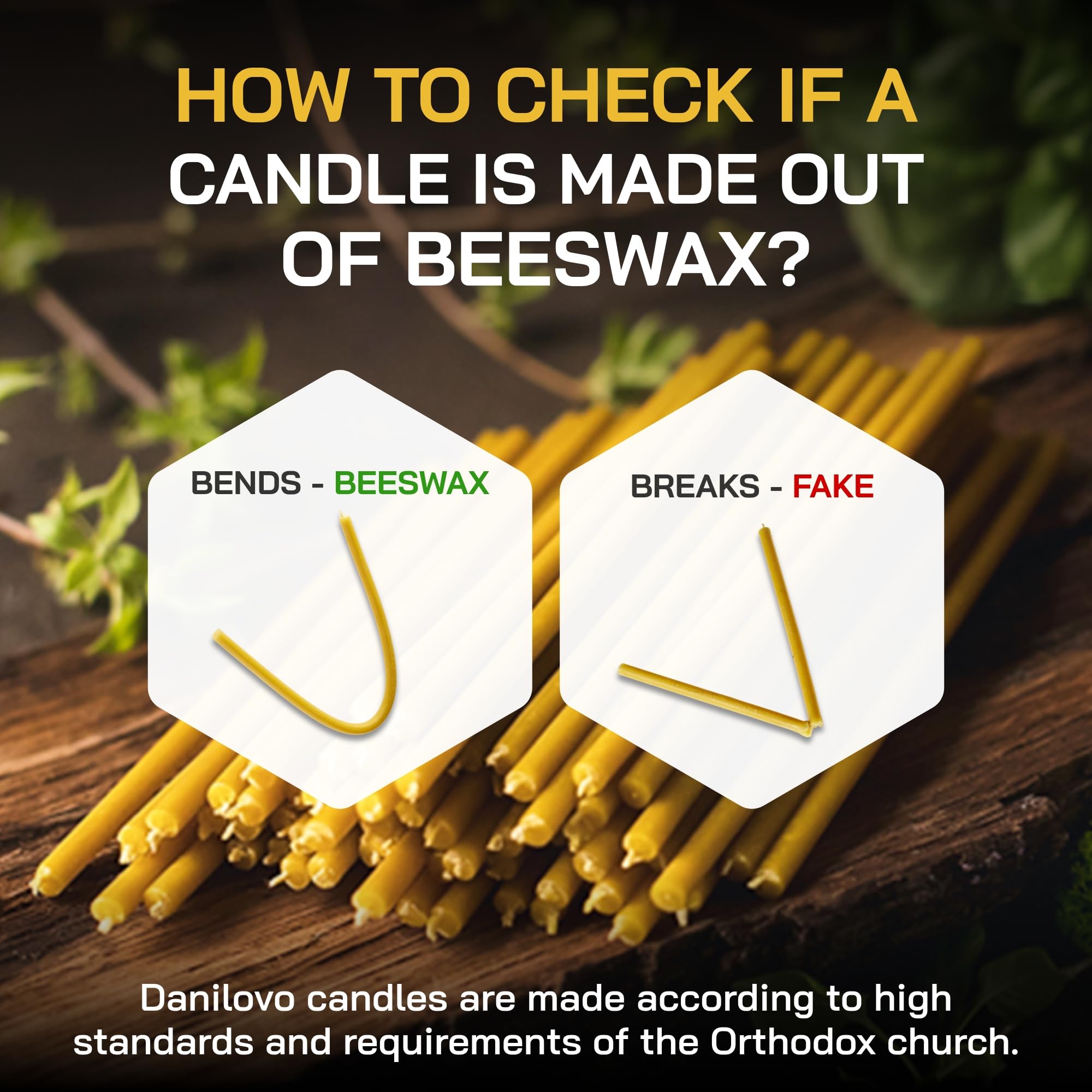 Danilovo Pure Beeswax Candles - No-Drip, Smoke-Less, Tall, Thin Taper Candles – Decorative Candles for Church Prayer, Decor or Birthday Candles – Honey Scented Candles – 7.3”x0.24” (Yellow, 50pcs)