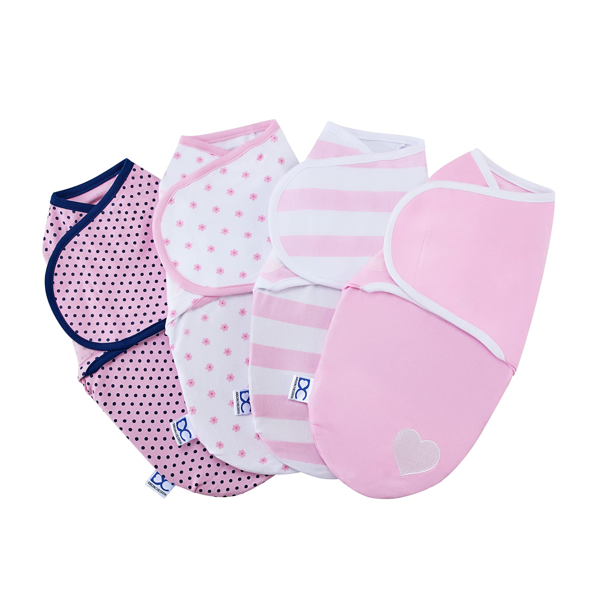 Delta Children Little Lambs Adjustable Swaddle Wrap - Premium Cotton - Size Small/Medium, Fits Babies 0-3 Months/7-14 lbs., 4-Pack, Pink