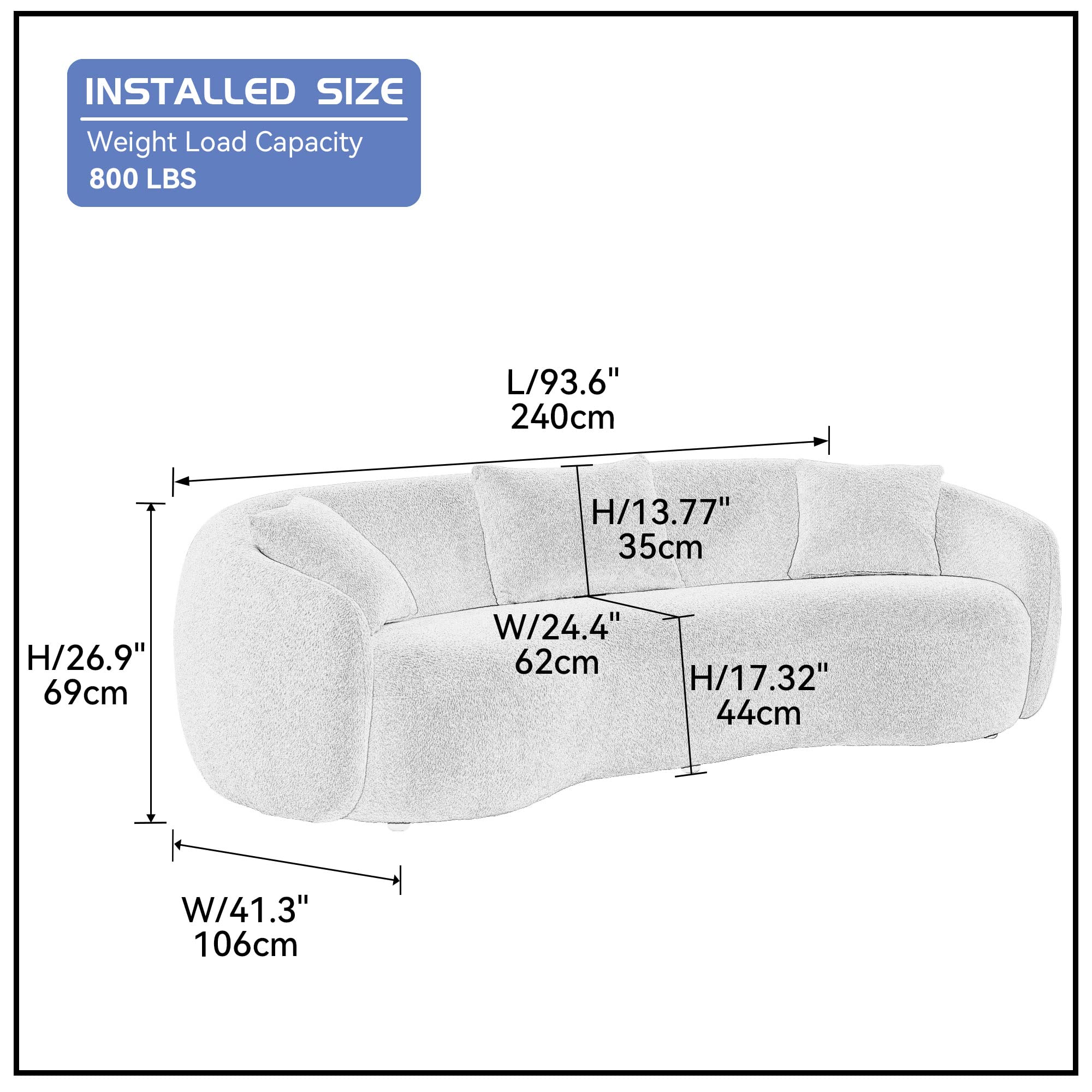 LyuHome Curved Sofa Couch, 93.6" 4-Seater Modern Boucle Sectional Sofa Couch, Comfy Cloud Upholstered 4 Seat Leisure Cushion Sofa with Pillows for Living Room, Bedroom, Office, Apartment,White