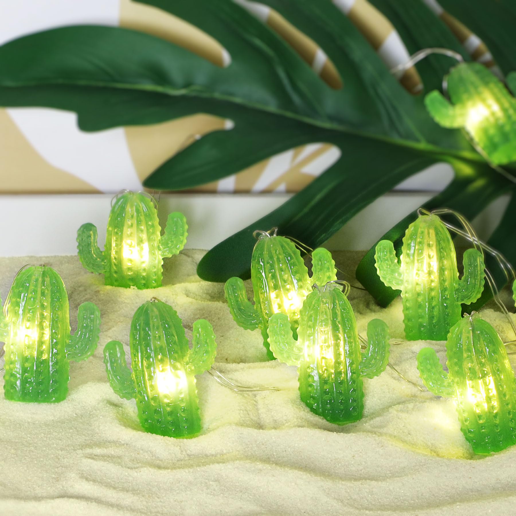 Tropical Themed String Lights Decoration, Cactus Succulents 10ft 20 LEDs Cacti Fairy Lights Battery Powered Remote for Desert Texas Cowboy Wreath Bedroom Wedding Home Party Supplies Decor