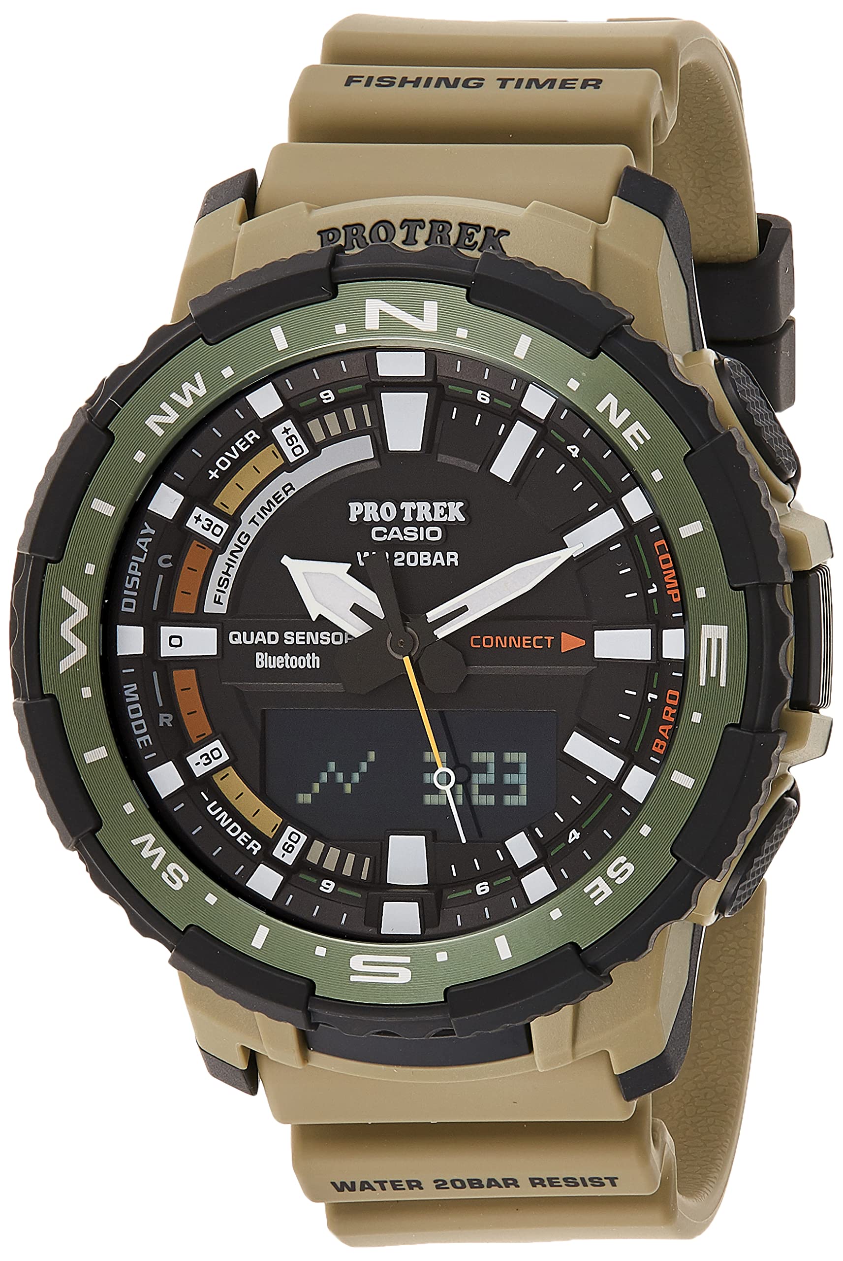 Casio Men's Pro Trek Bluetooth® Connected Angler Line Quartz Sport Watch with Resin Strap, Khaki, 22.5 (Model: PRT-B70-5CR)