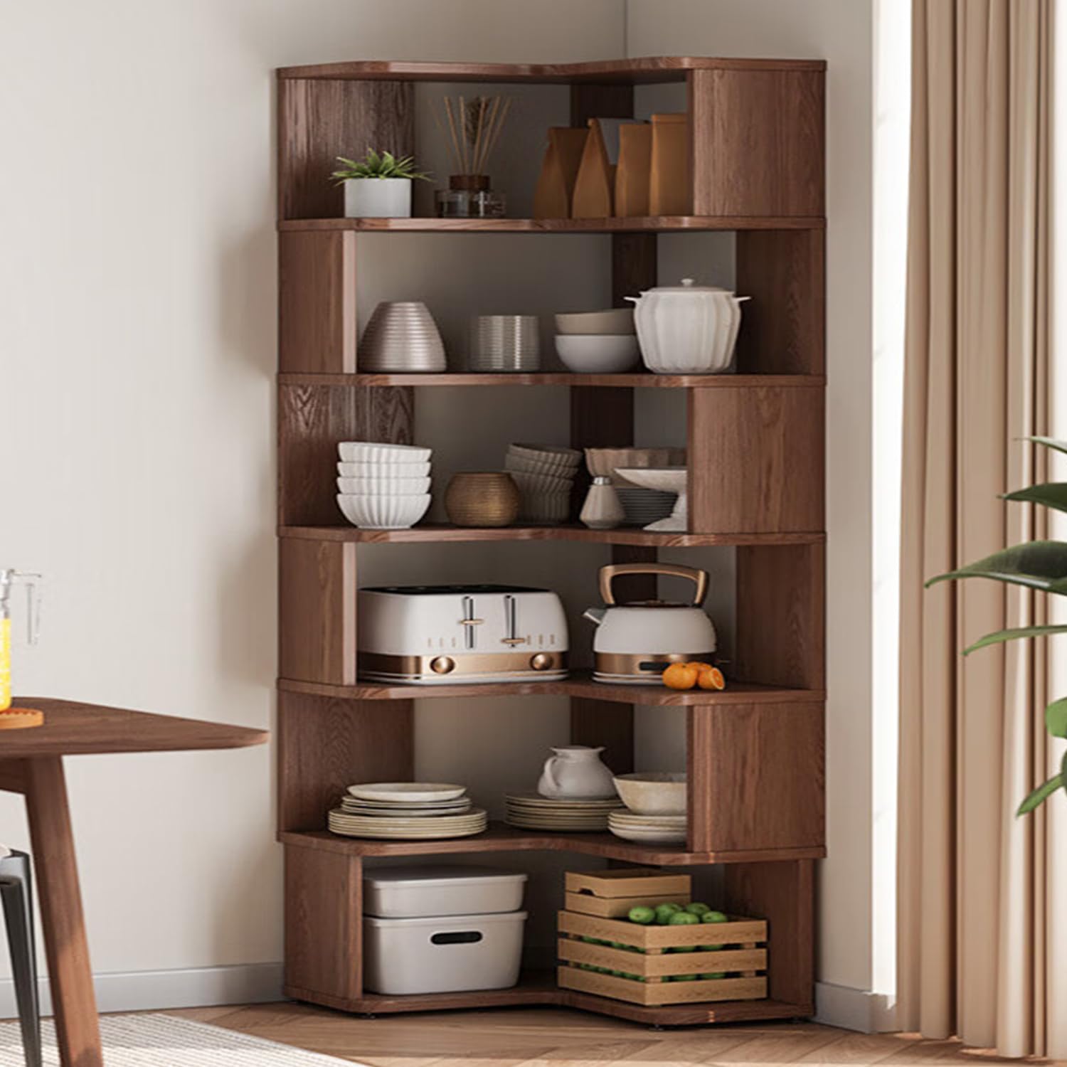DDJ 6-Tier Solid Wood Corner Bookshelf, 75.2" Tall Corner Bookcase, Bookshelf Organizer, Freestanding Open Corner Display Shelf Storage Rack for Living Room, Bedroom, Home Office, Walnut