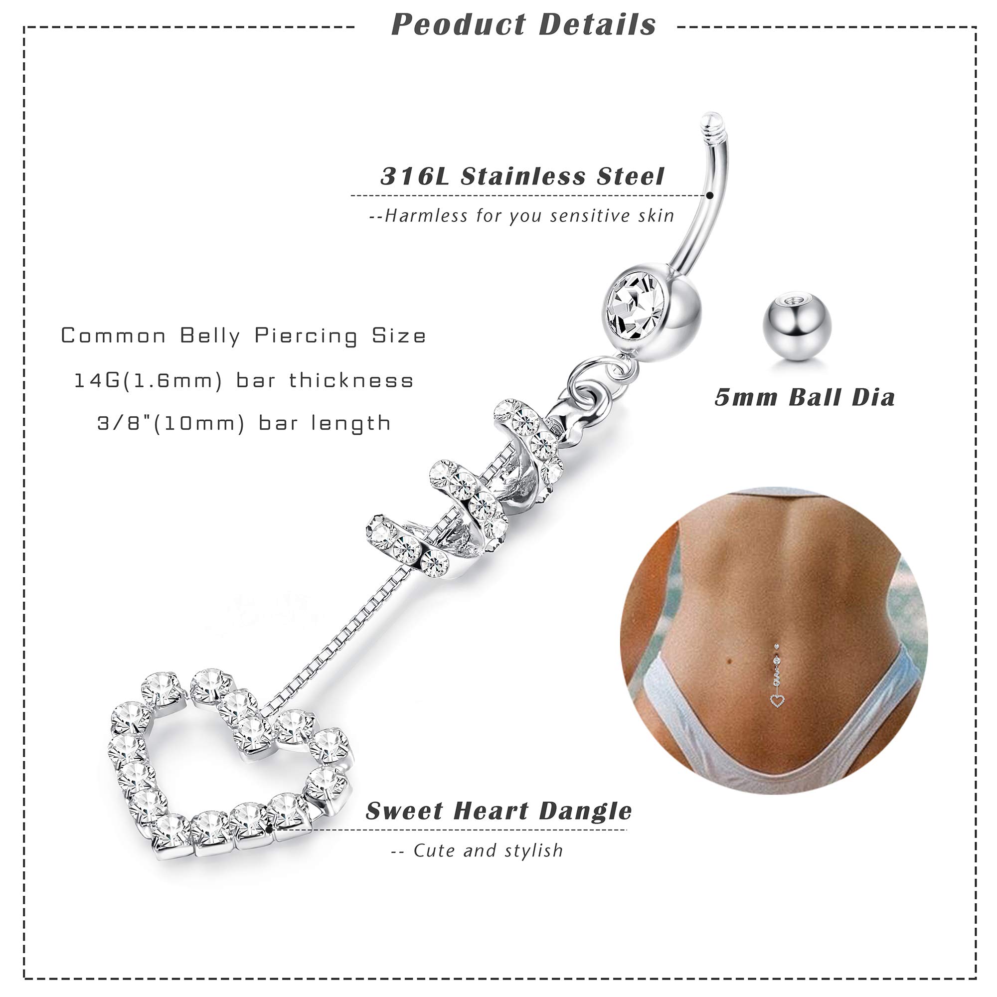 CASSIECA 14G Heart Belly Button Rings For Womens Stainless Steel Dangle Belly Ring Piercing, Cute Navel Ring Barbell Body Piercing Jewelry