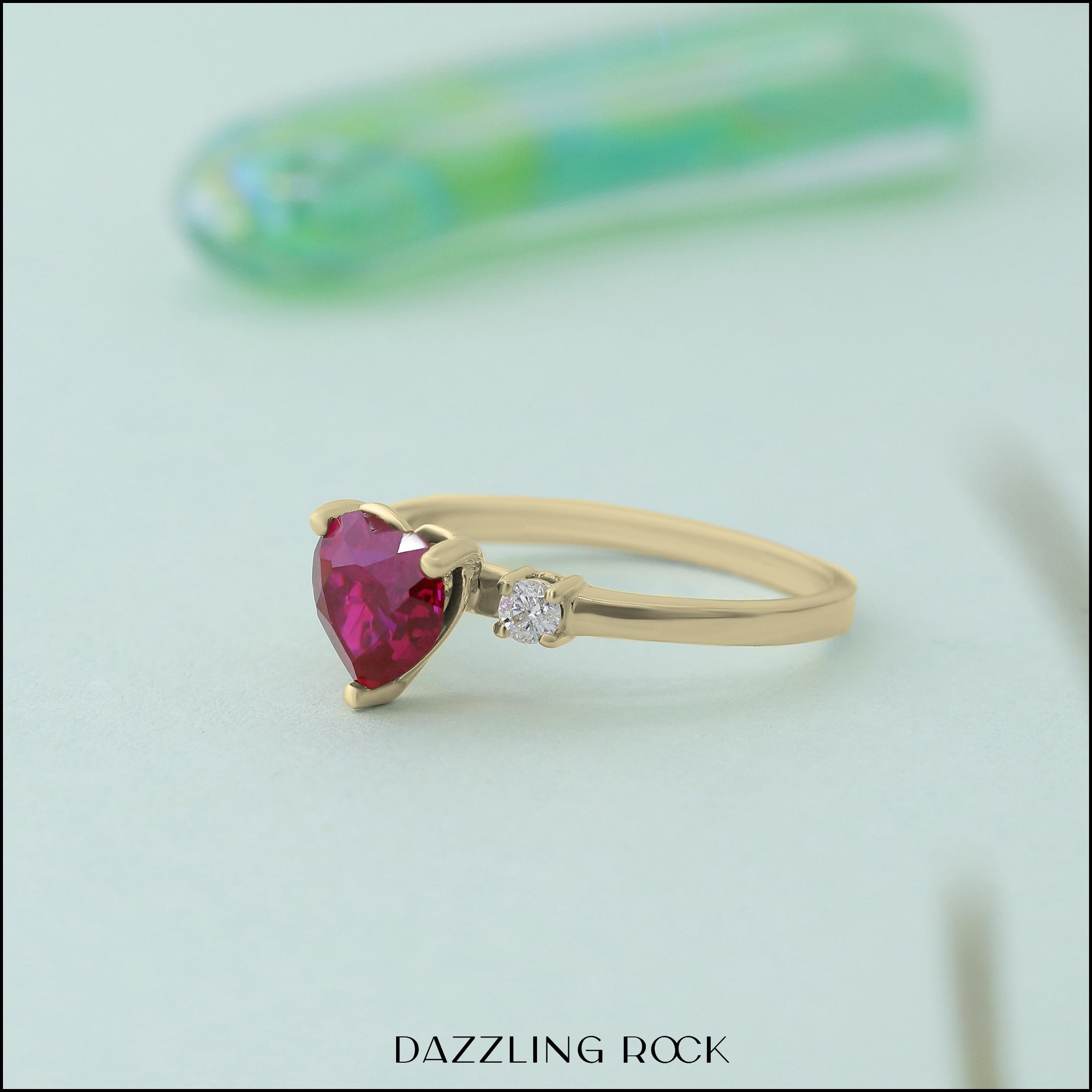 Dazzlingrock Collection 7mm Heart Lab Created Ruby & Round White Diamond 3 Stone Engagement Ring for Women in 10K Solid Yellow Gold Size 9