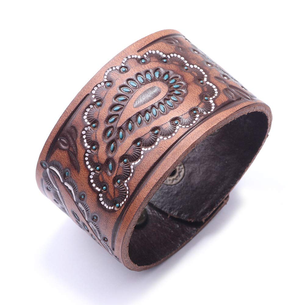 DENTRUN Retro Genuine Leather Bracelet, Adjustable Rock Punk Style Men Cuff Bracelets, Women Wide Belt Vintage Wristband Viking Hippie Jewelry, Steampunk Pirate Mens Accessories Gifts