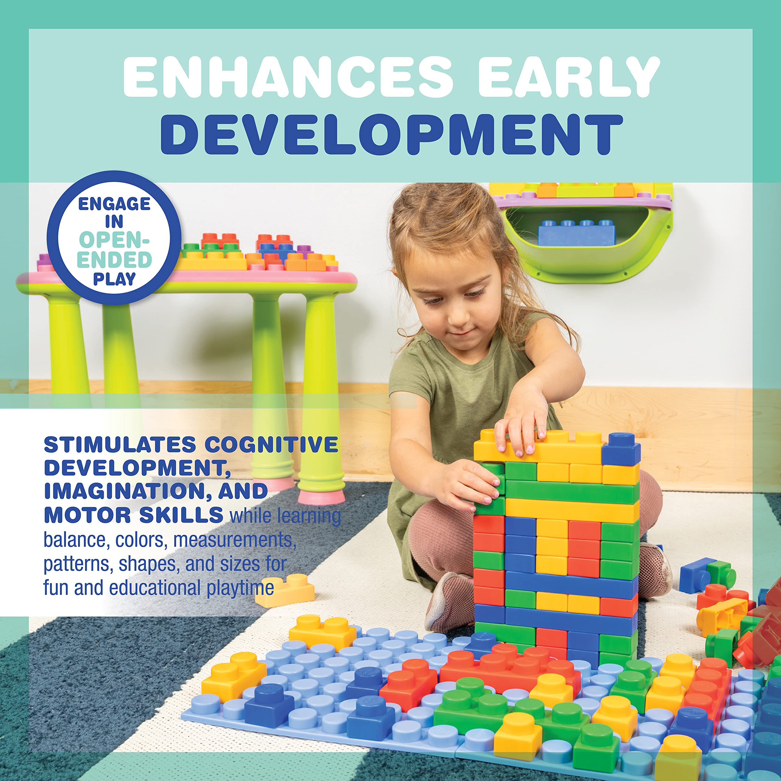 UNiPLAY Platform Soft Building Blocks β Educational Sensory Stacking Blocks, Learning Toy with 11 x 11 Inch Base Plate for Ages 3 Months and Up (64-Piece Set)