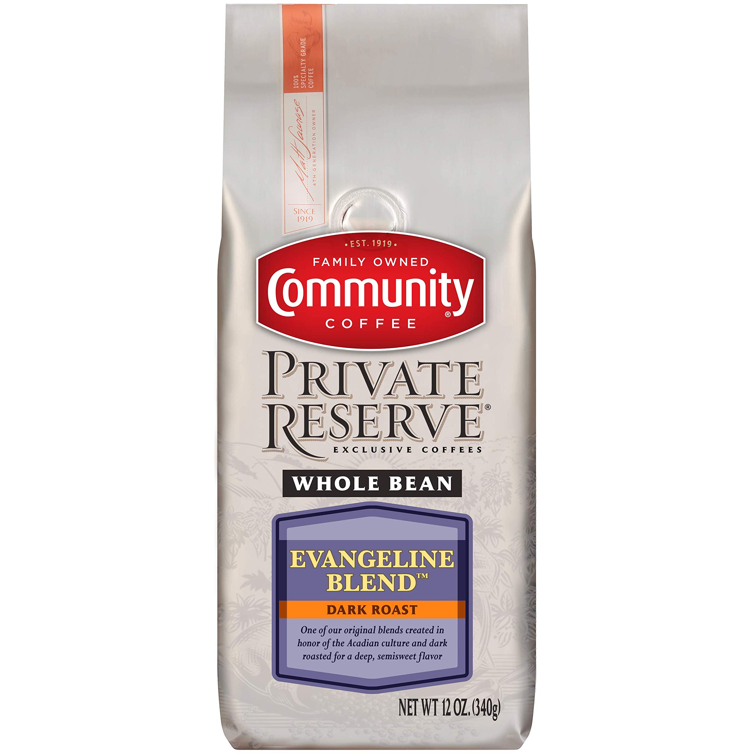 Community Coffee Private Reserve Evangeline Blend Whole Bean Coffee, Dark Roast, 12 Ounce Bag (Pack of 3)