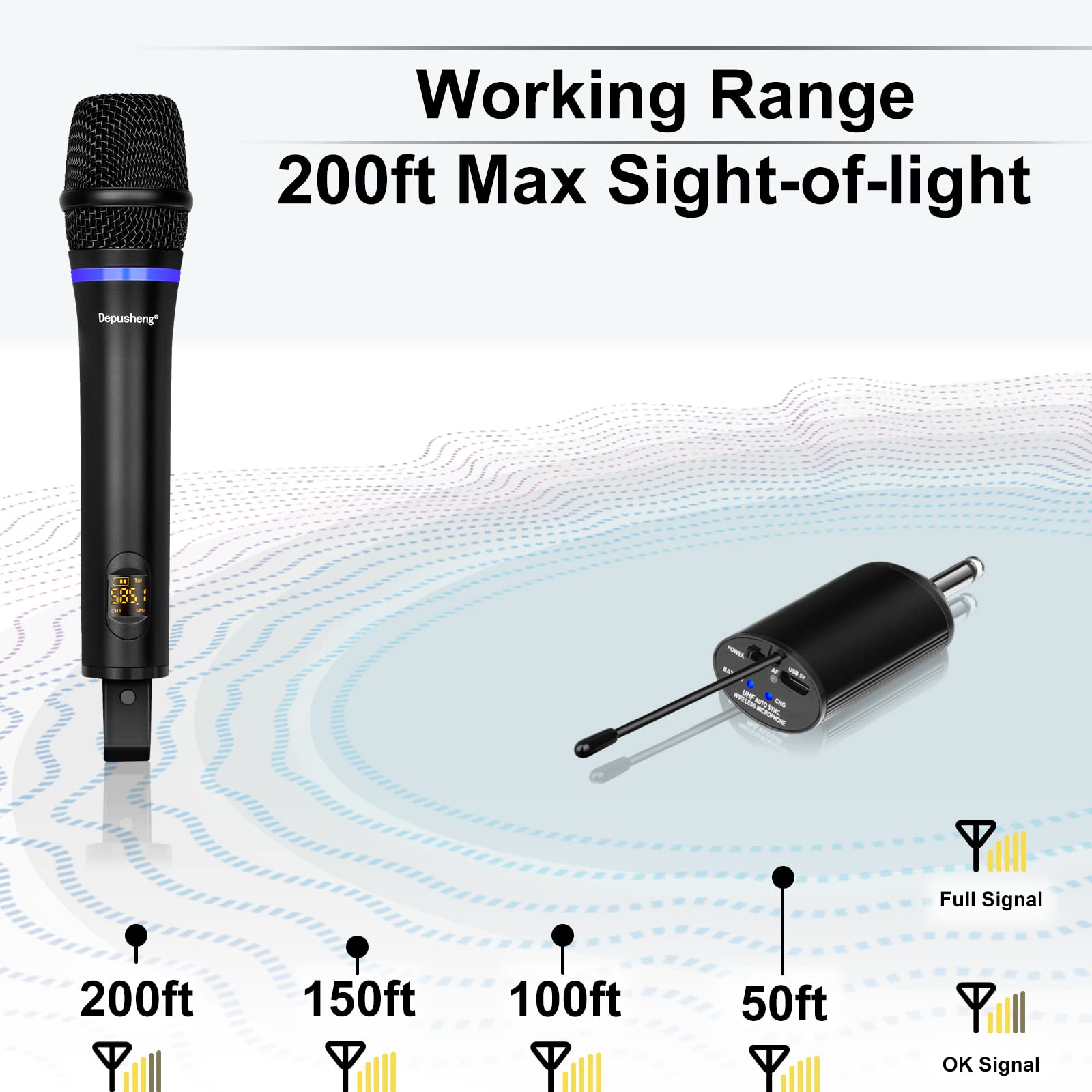 Depusheng Wireless Microphone, UHF Metal Dynamic Handheld Karaoke Mic with Rechargeable Receiver, 1/4”&1/8” Output, for Karaoke Singing, Wedding, DJ, Party, Speech, Church, Class Use W7, Black