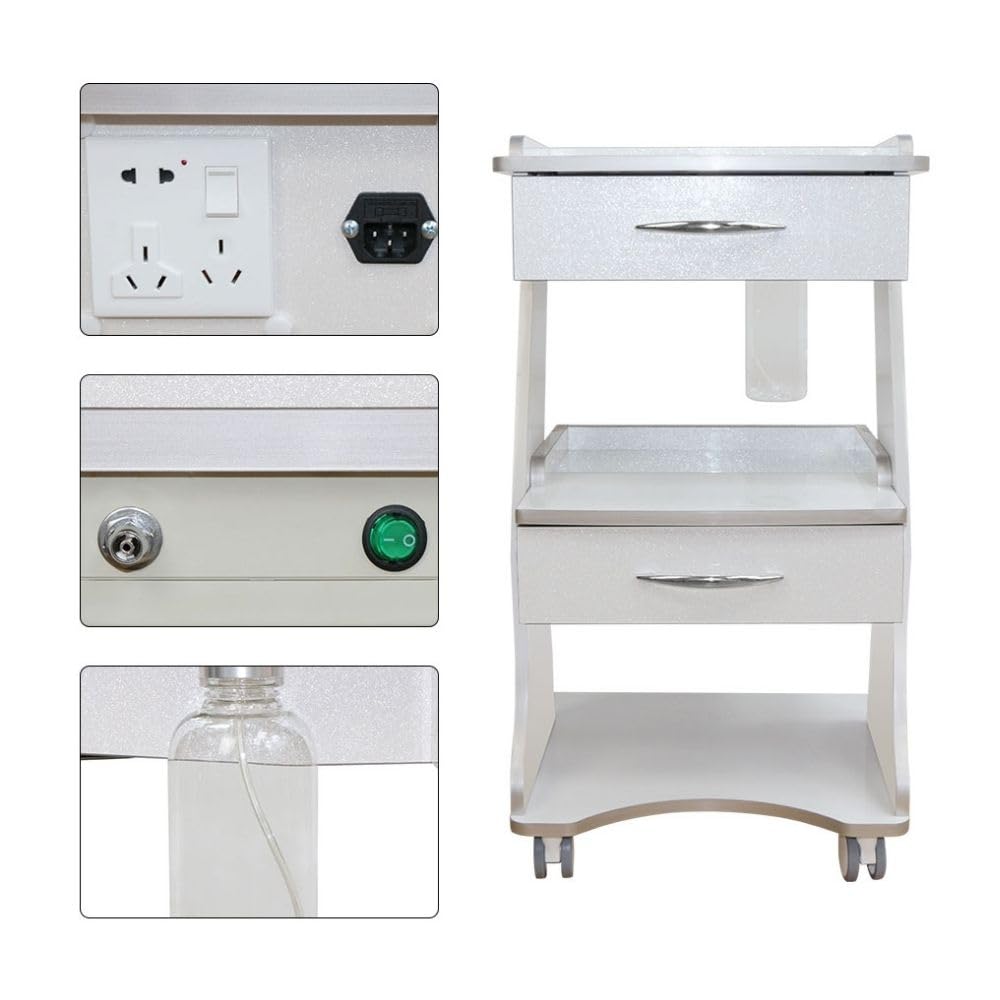 generic Mobile Rolling Trolley with Built-in Socket and Water Bottle, Multi-Function 3-Layer Cart with Wheels and 2 Drawers for Dental Labs Beauty Salon, White