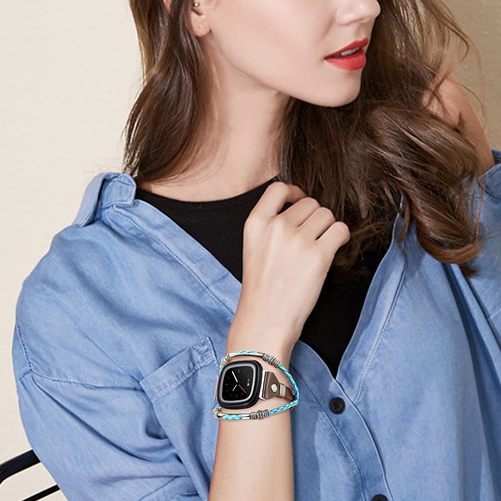 Compatible with Fitbit Sense/Fitbit Versa 3 Bands for Women, Marval.P Handmade Leather Band, Replacement Unique Bracelet Strap, Wristbands Adjustable Size, Fashion Wrist Band Straps (Blue)