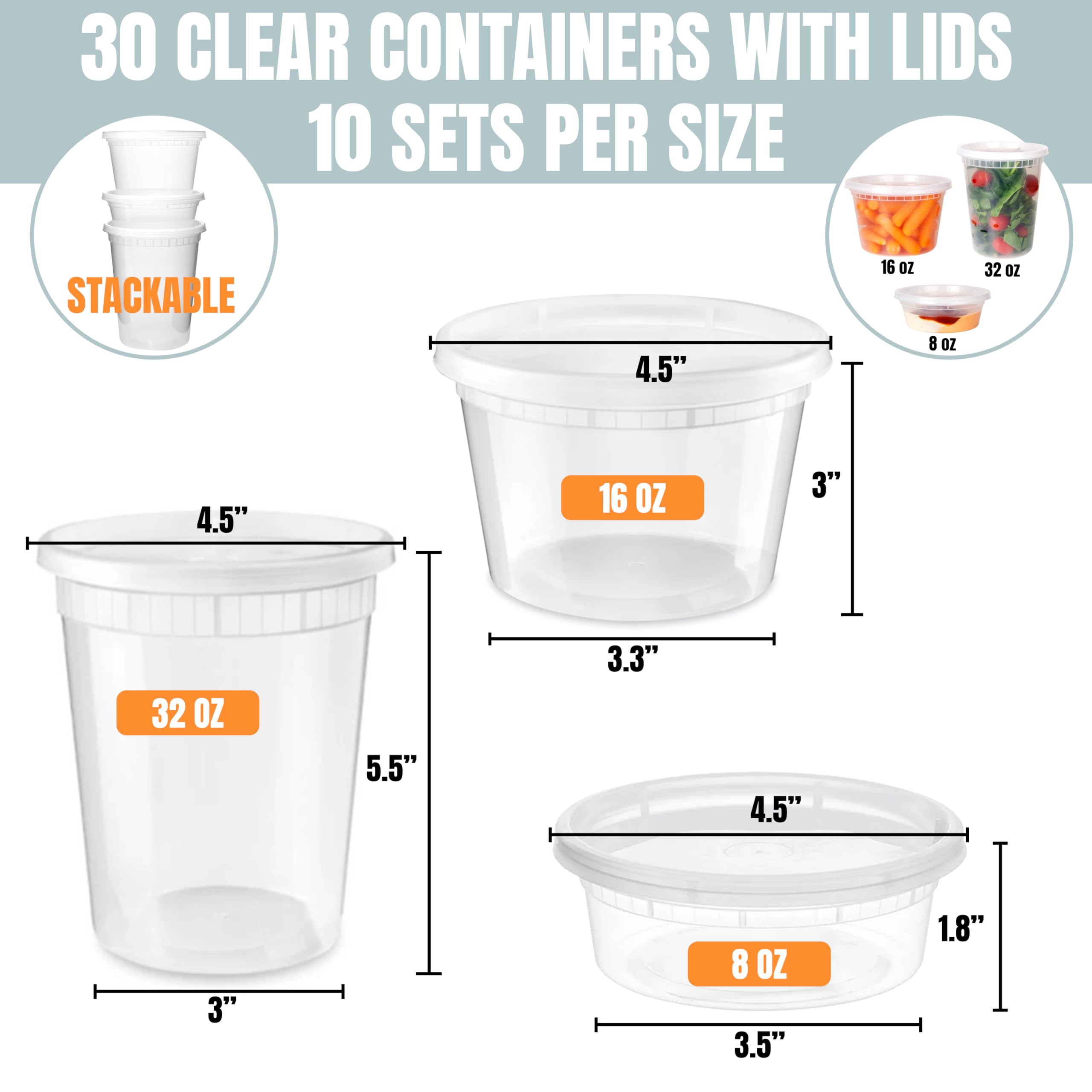 Deli Containers with Lids 8 oz. [24 Sets] Plastic Deli Cups, To Go Food Containers