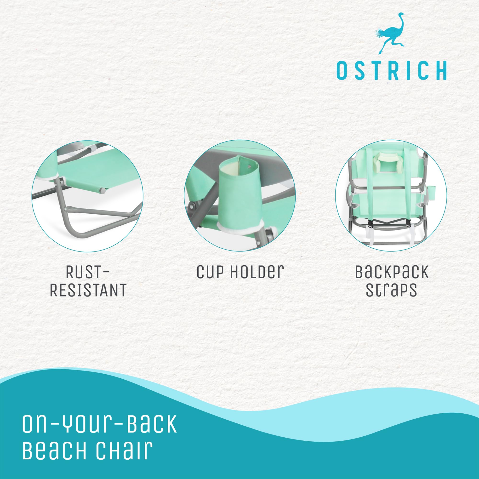 Ostrich On Your Back Backpack Beach Chair with Face Hole - Adjustable, Portable Lounge Chair with Cup Holder, Face Opening - Heavy Duty, Lay Flat Tanning Chair for Face Down Reading For Adults (Teal)