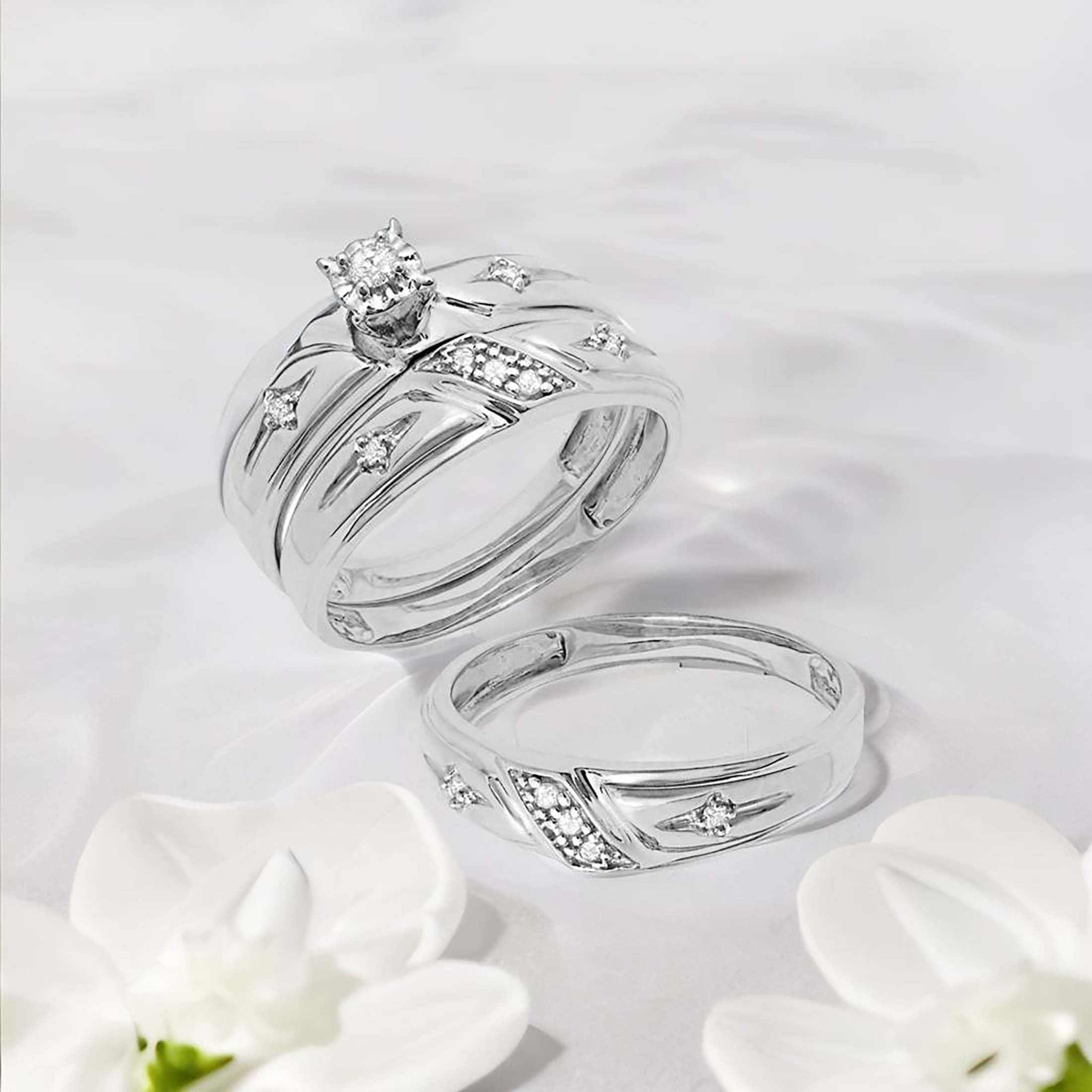 Dazzlingrock Collection 0.20 Carat Round White Diamond Cross Matching Trio Ring Set for Him & Her in 925 Sterling Silver, Women Size 9 and Men Size 10