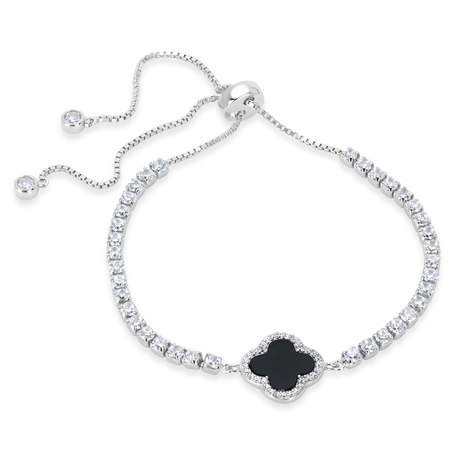 Designs by Helen Andrews Sterling Silver Onyx With Cubic Zirconia Clover Bolo Bracelet, 7-10"