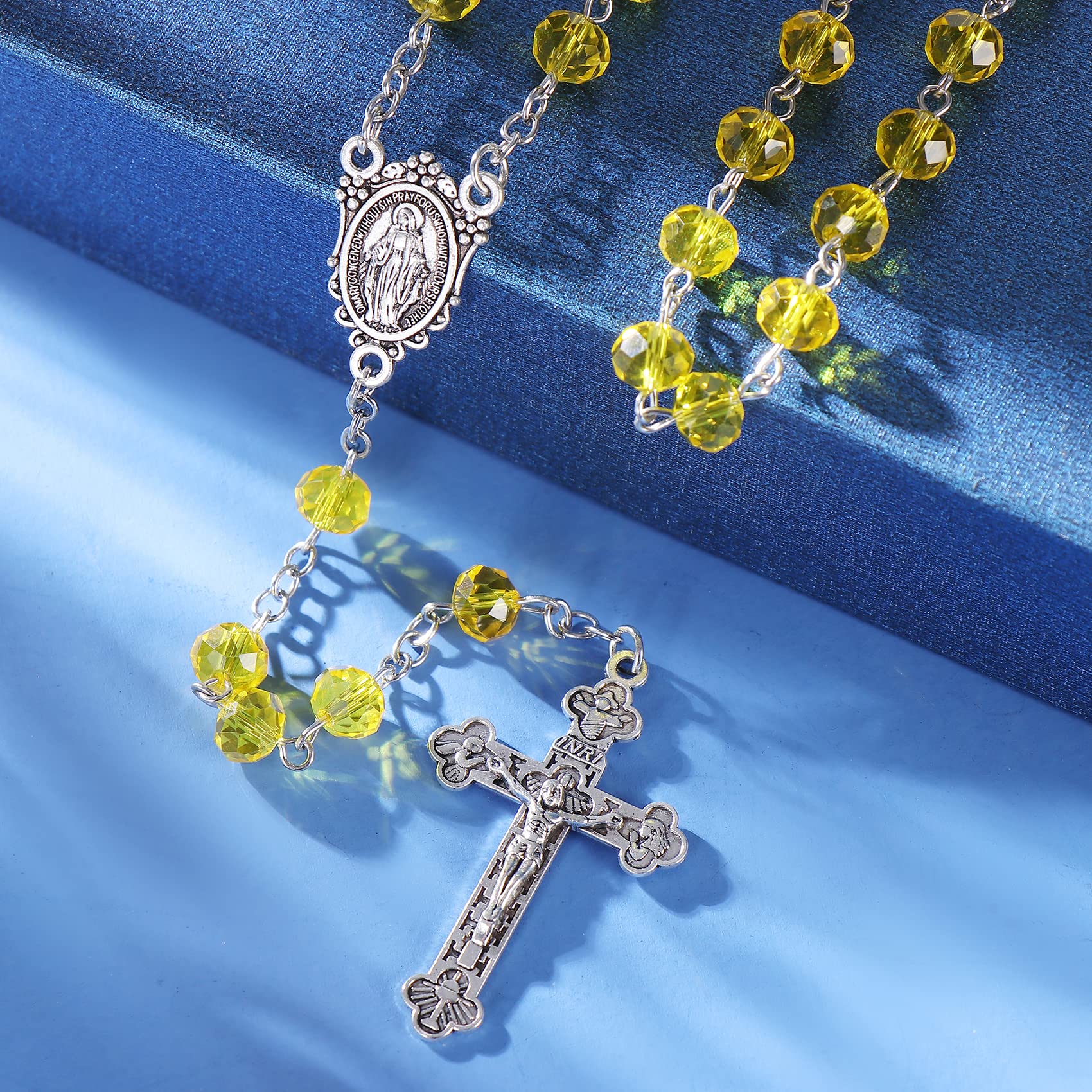 Catholic Rosary Yellow Crystal Beads Necklace with with Miraculous Medal Cross Crucifix Rosaries Communion Rosary